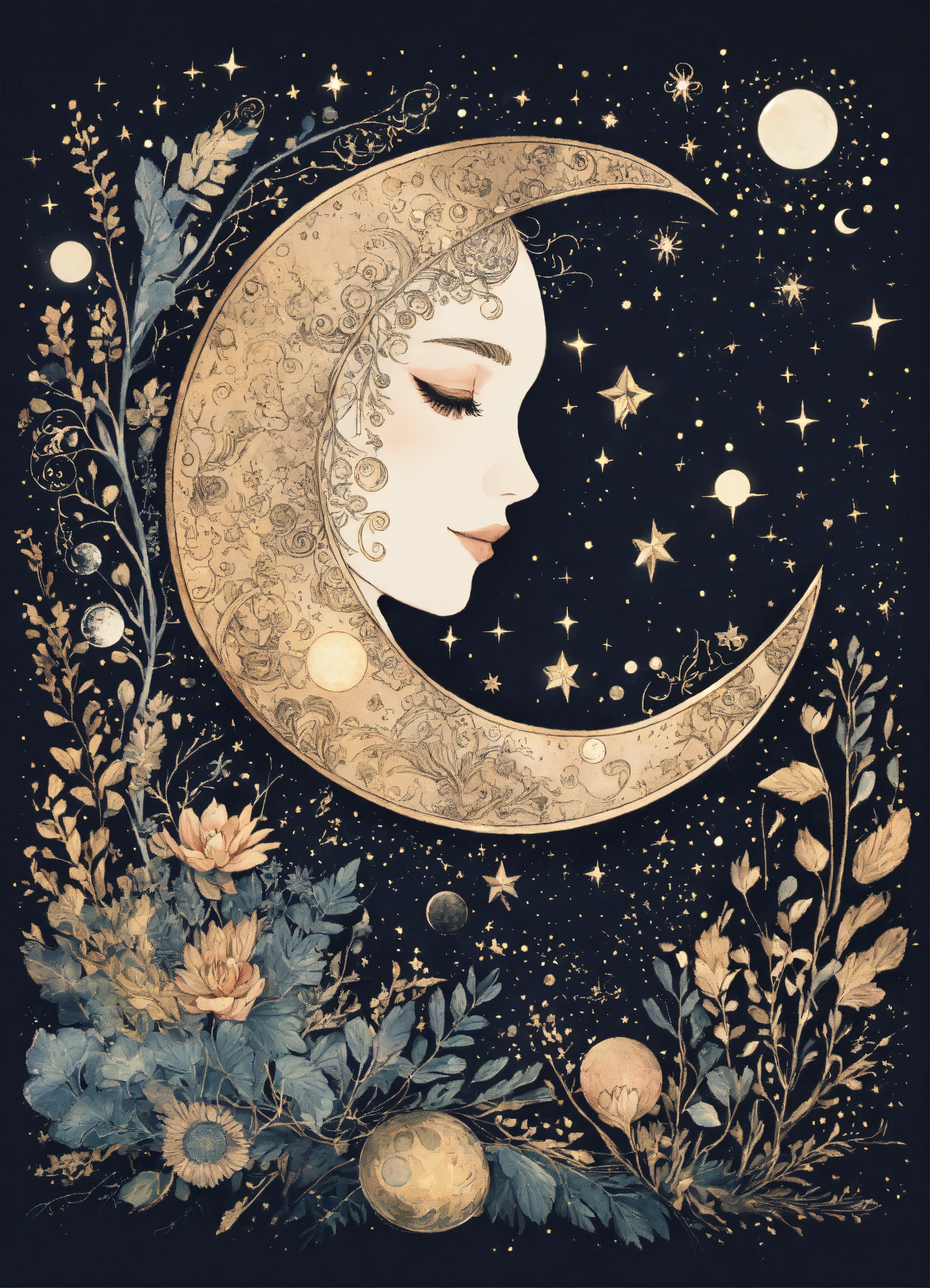 Lexica - Line art whimsical moon with glimmering illustrations and ...