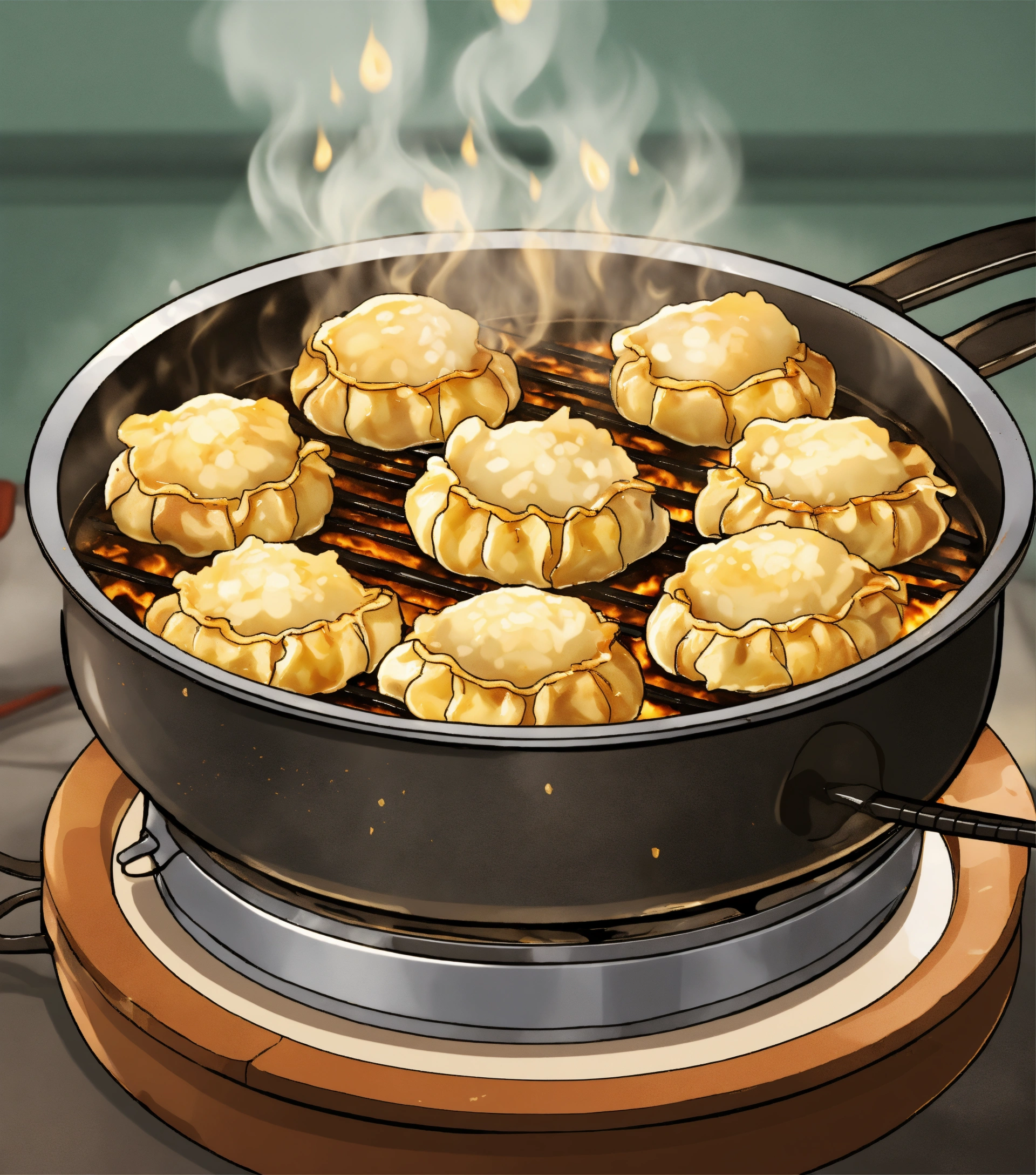Lexica - A very funny cartoon illustration of Fried dumplings sizzling ...