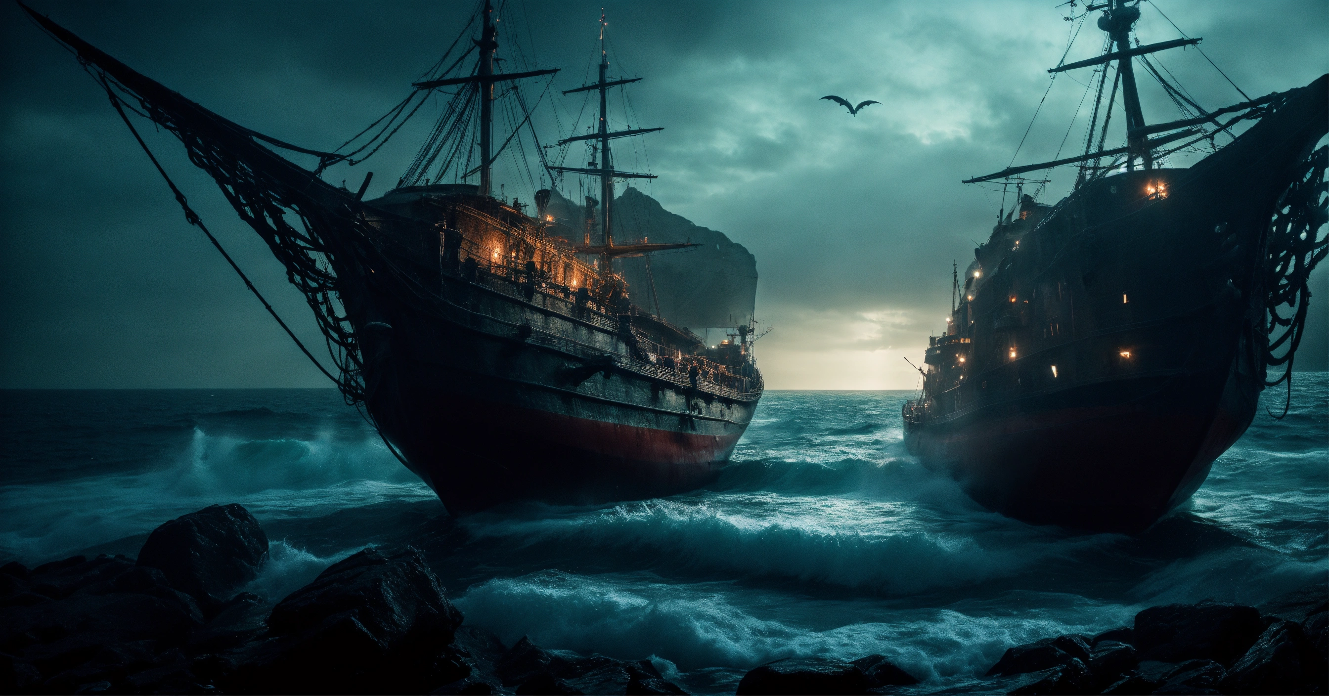 Lexica - Create a 4k detailed photo of two evil sirens singing at a ship. dramatic lighting ...