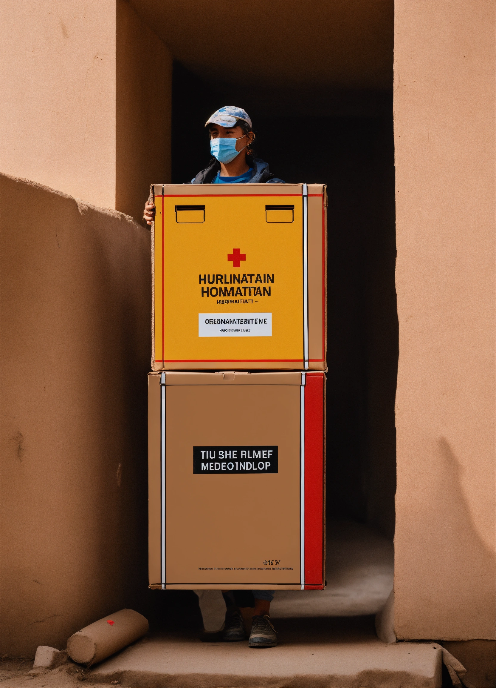 Lexica - A person standing holding a humanitarian aid box with their ...