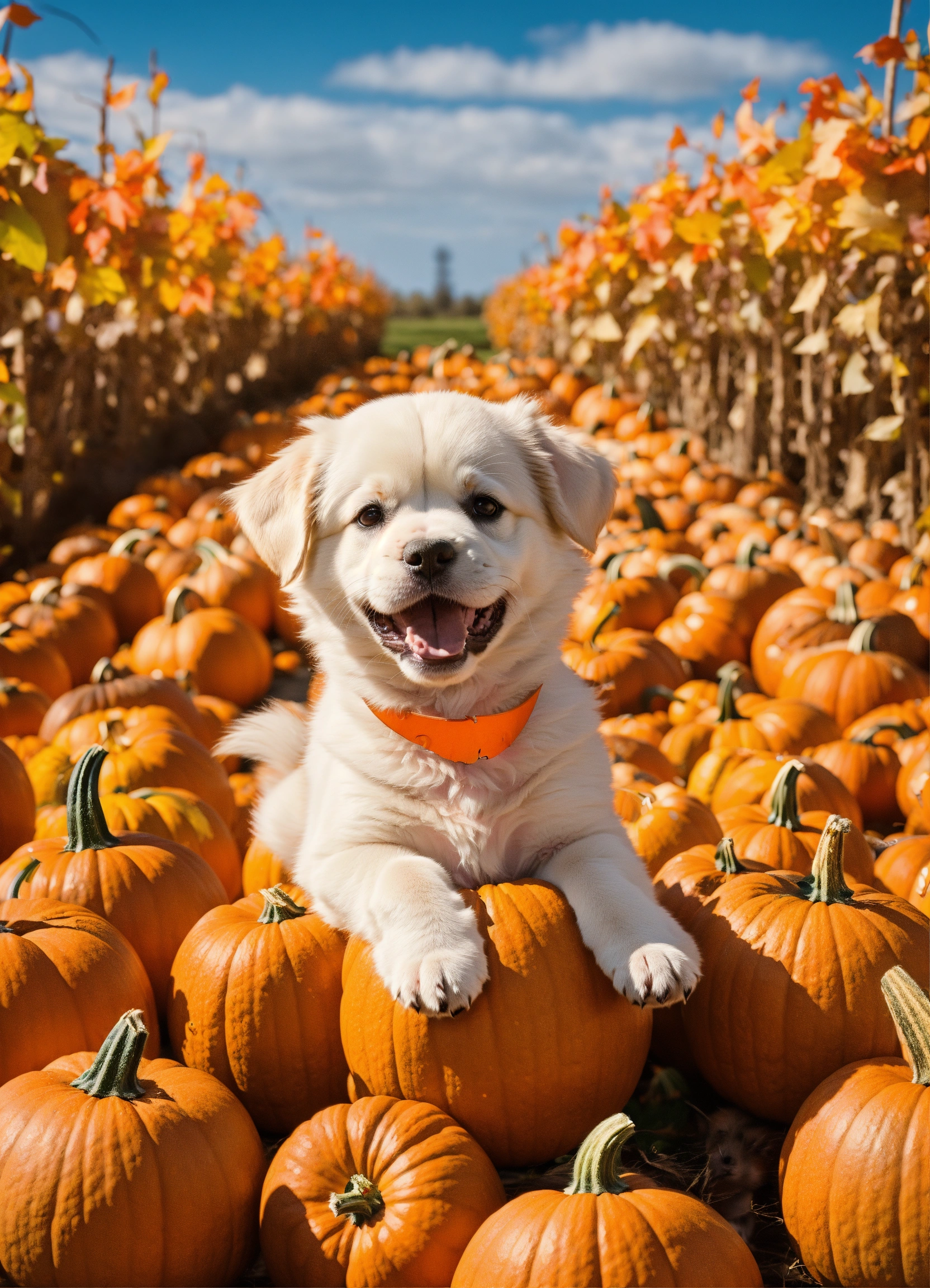 Lexica - In bright colors Puppies with bat wings running in a pumpkin patch happily
