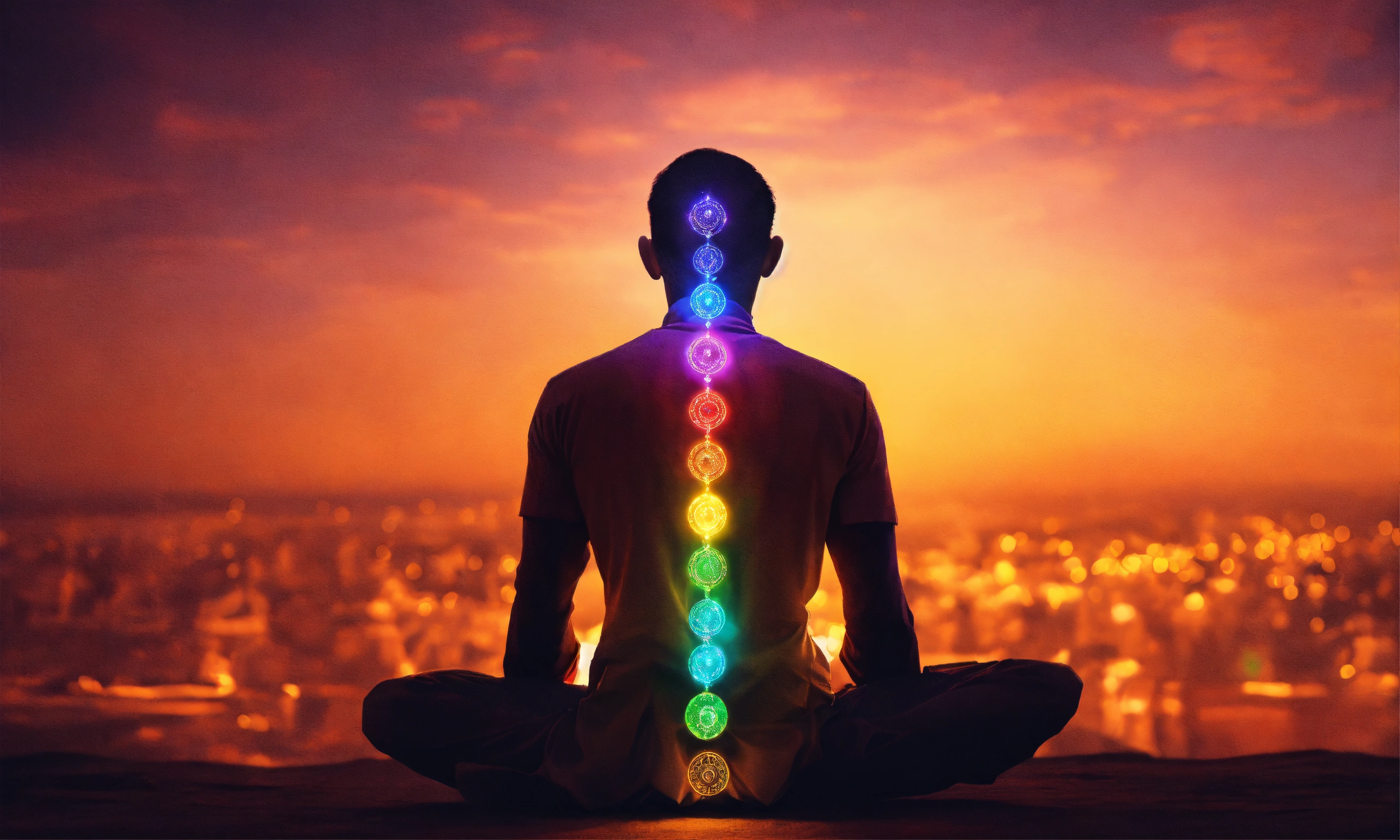 Lexica - Man sitting, chakras lit up, 4k, high resolution, photo quality