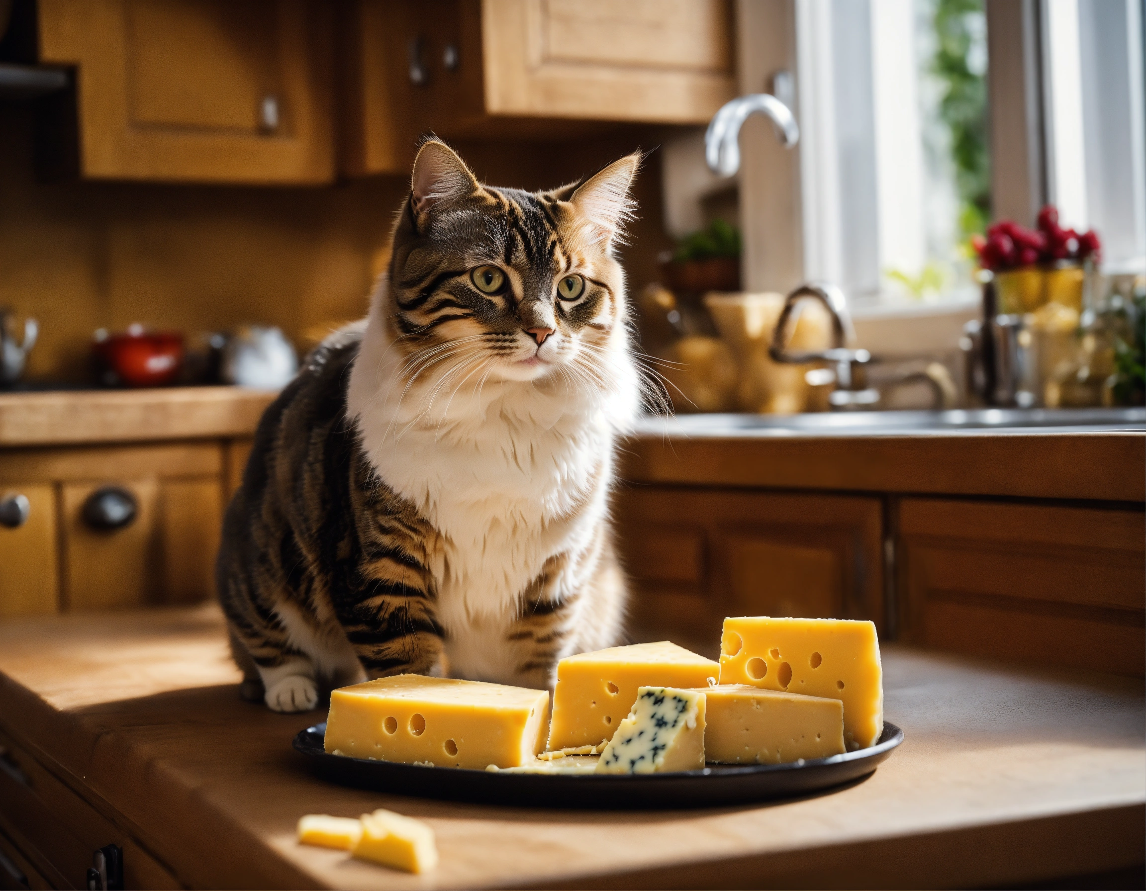 Lexica - Cute cat eating cheese in the kitchen
