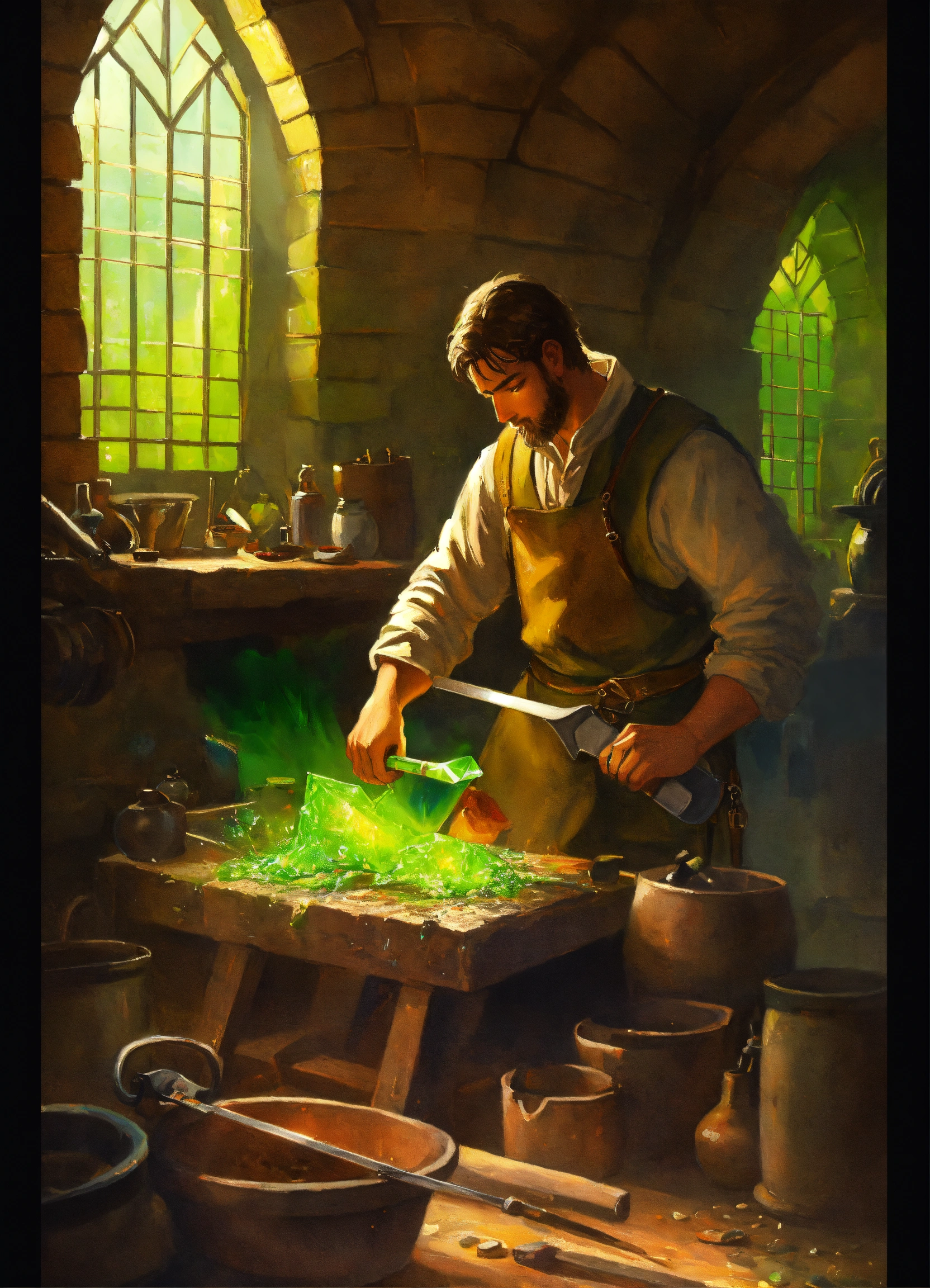 Lexica - Fantasy painting of Medieval Blacksmith, forging a green ...