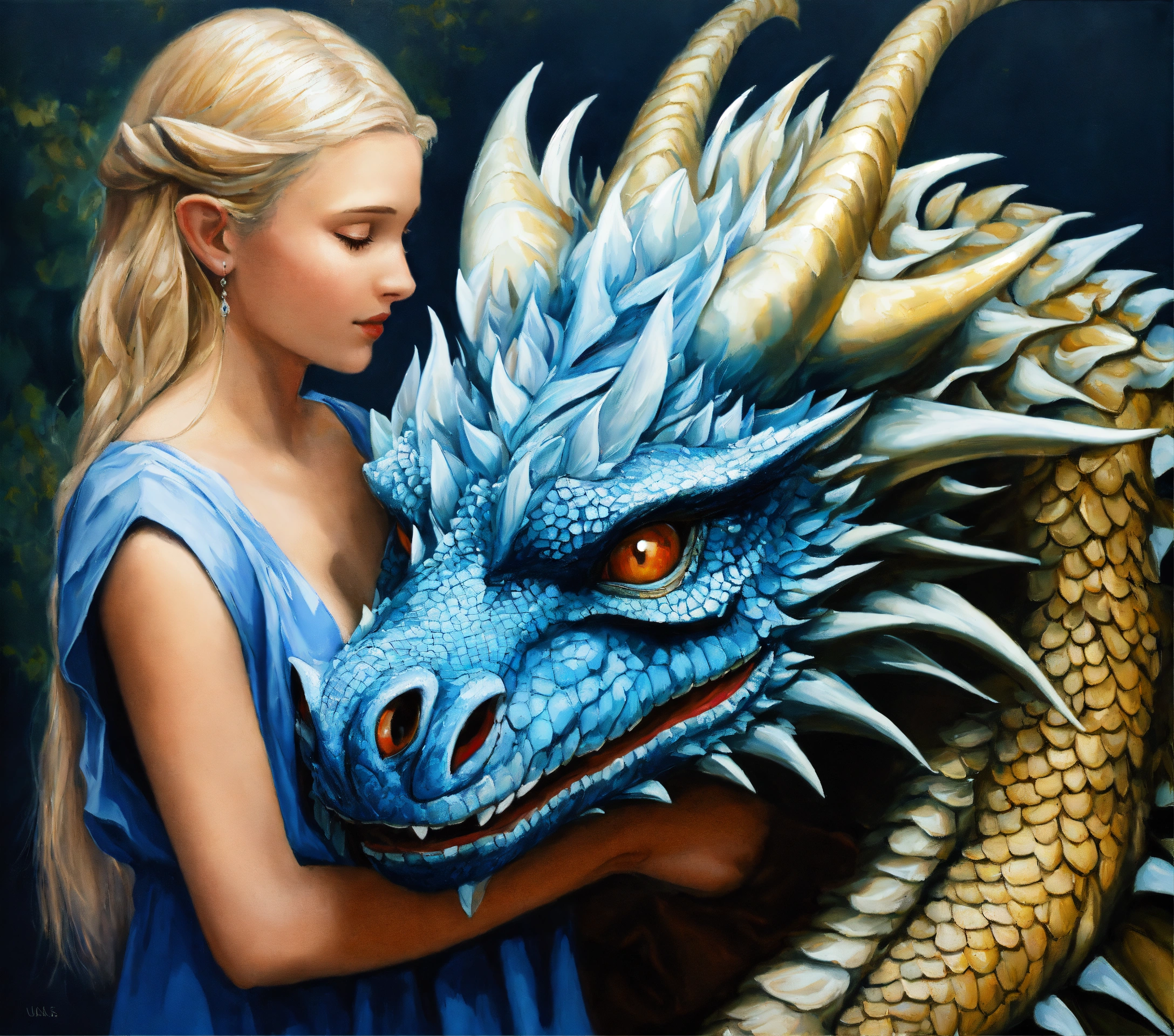 Lexica - Oil painting of a huge, magnificent two meter big blue dragon ...
