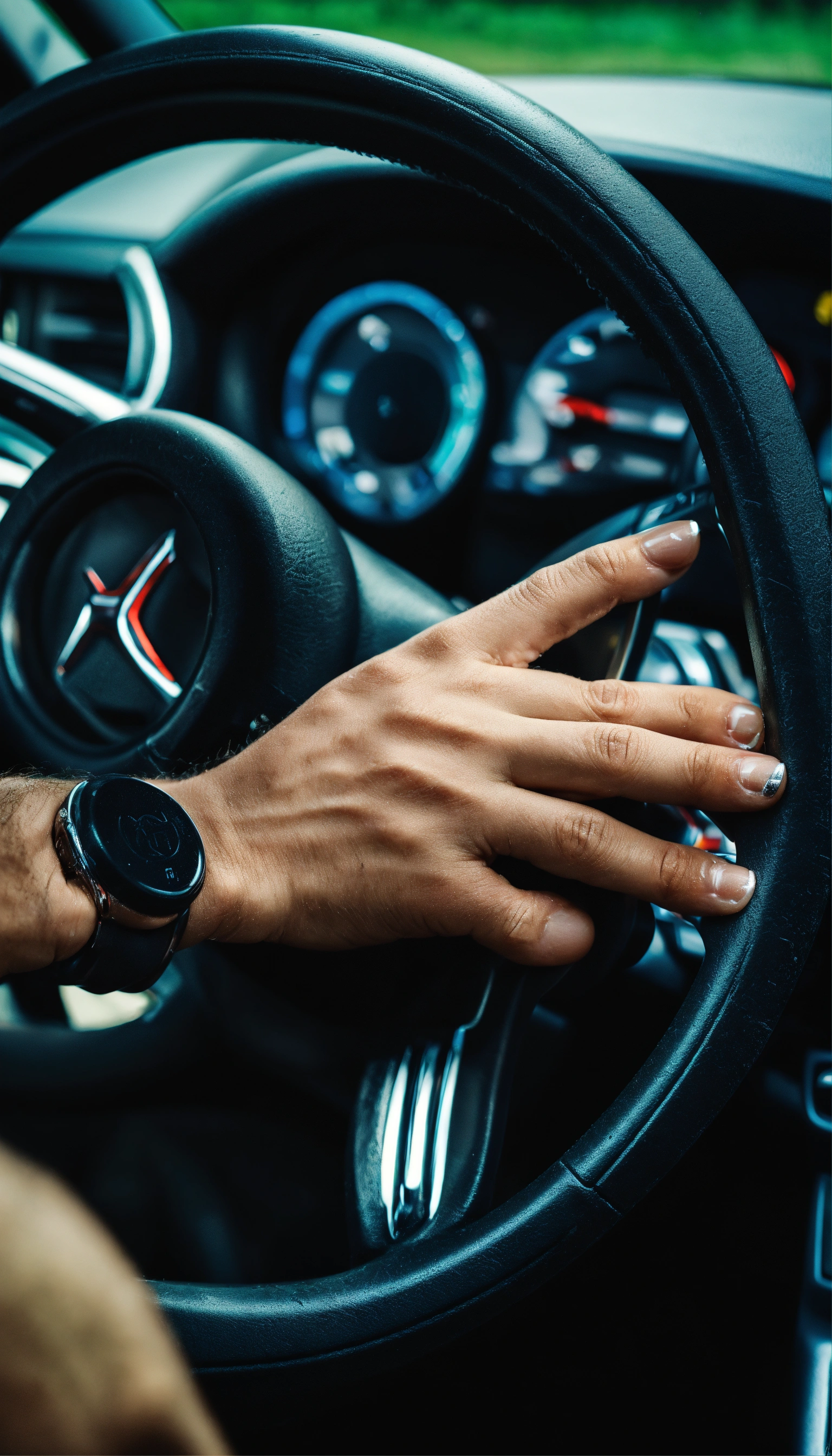 Lexica - A man’s greasy hands with unclipped nails on steering wheel of ...