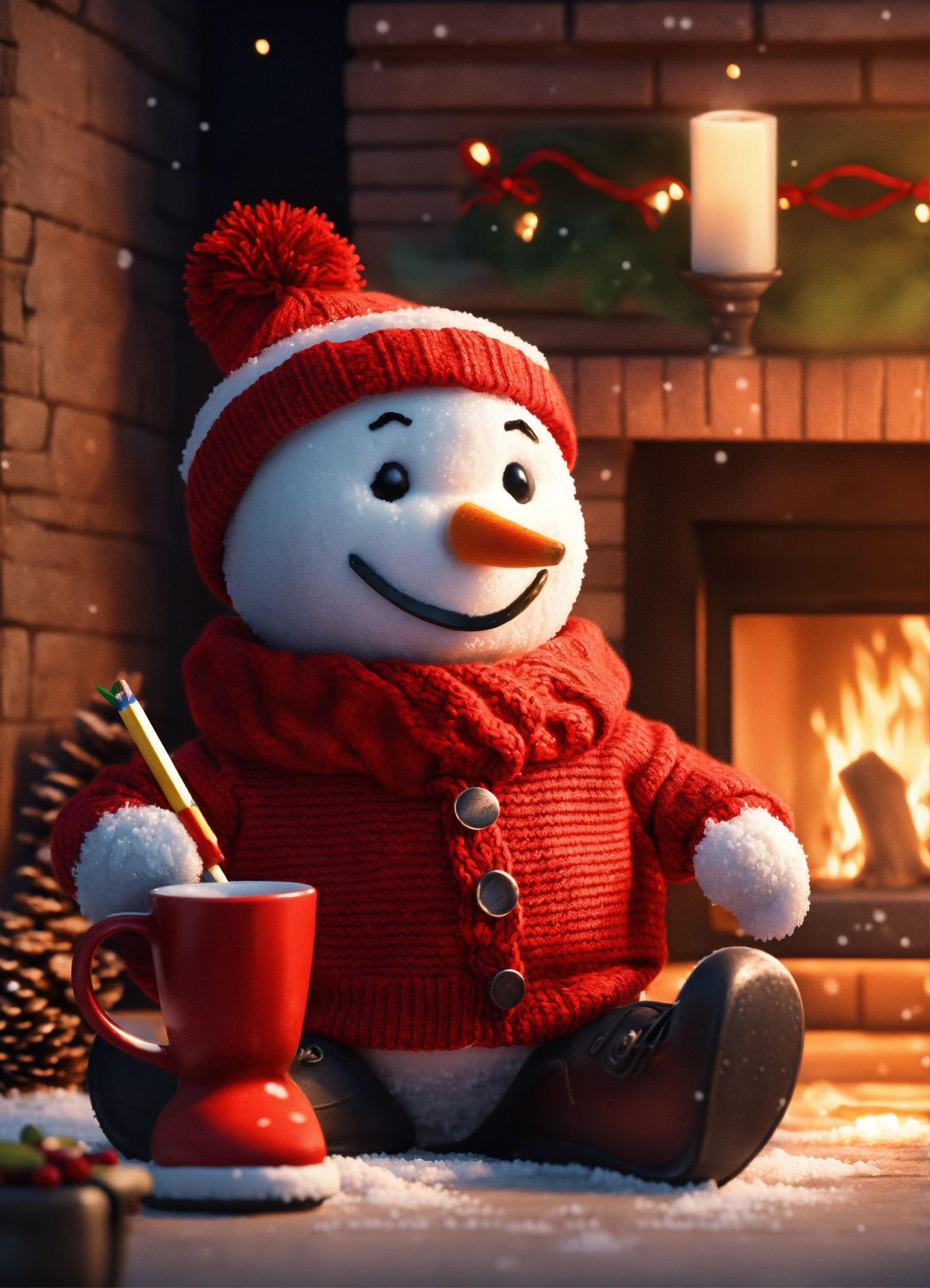 Lexica - A pencil drawing, A little Fredo the Snowman sipping tea and ...