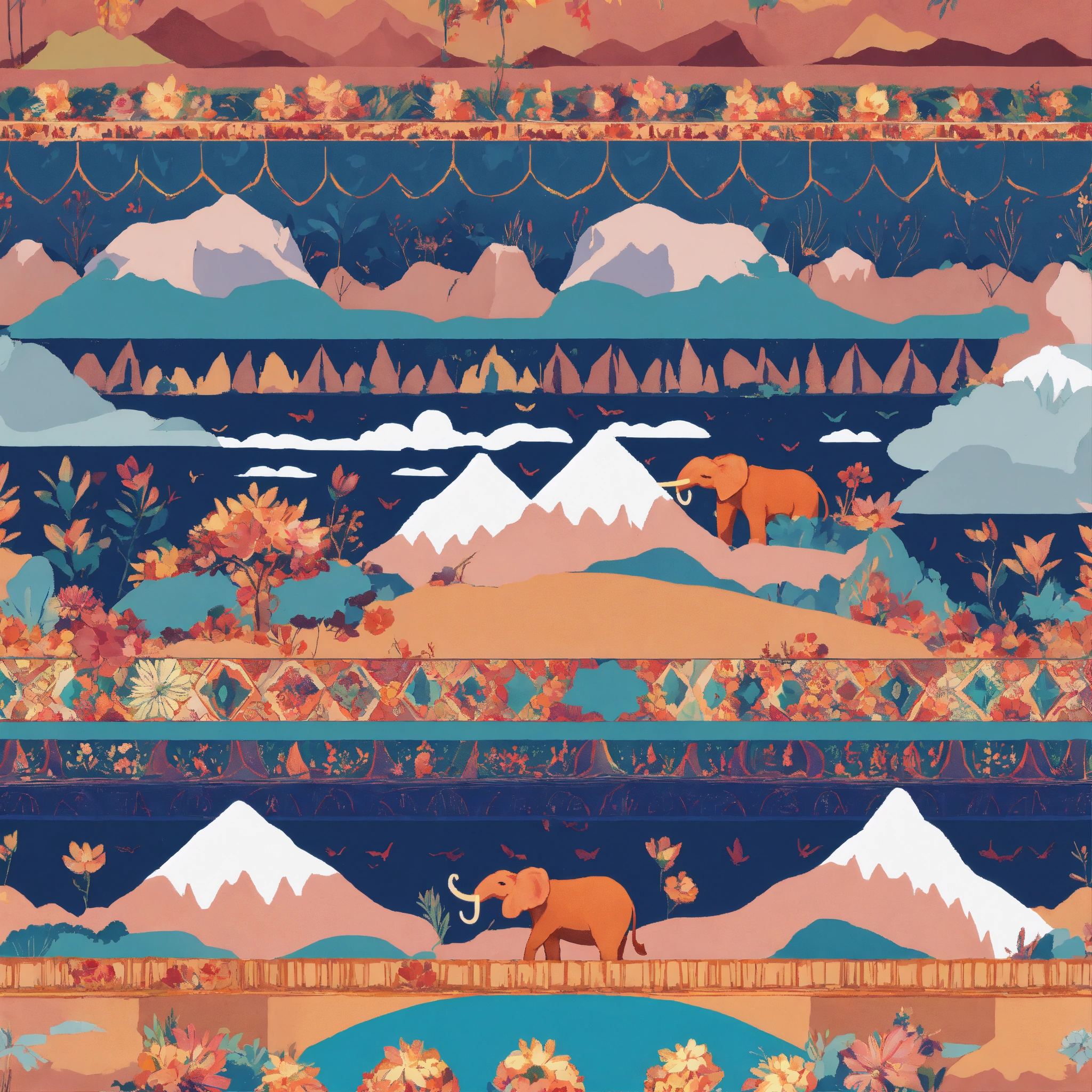 Lexica - Tileable pattern, Majestic mountains pattern with floral elephant.