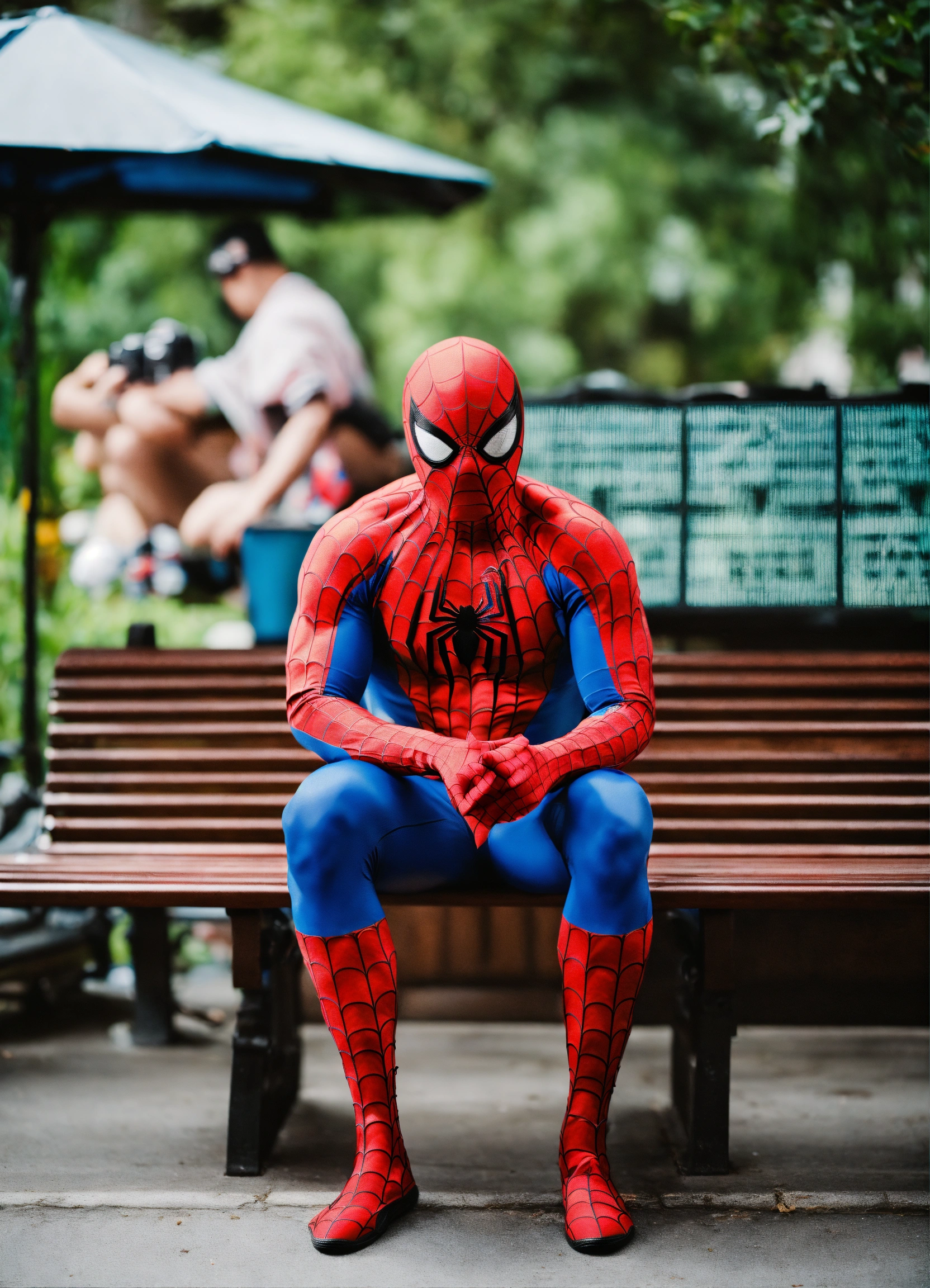 Lexica - Photography, spider-man being a sumo sitting on a bench ...
