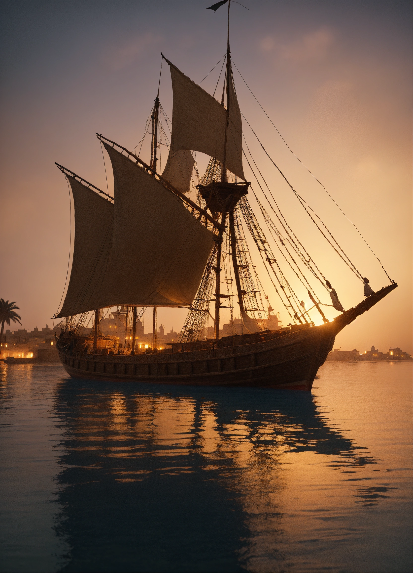 Lexica - Dhow ship sailing on the sea, with medieval African town based ...