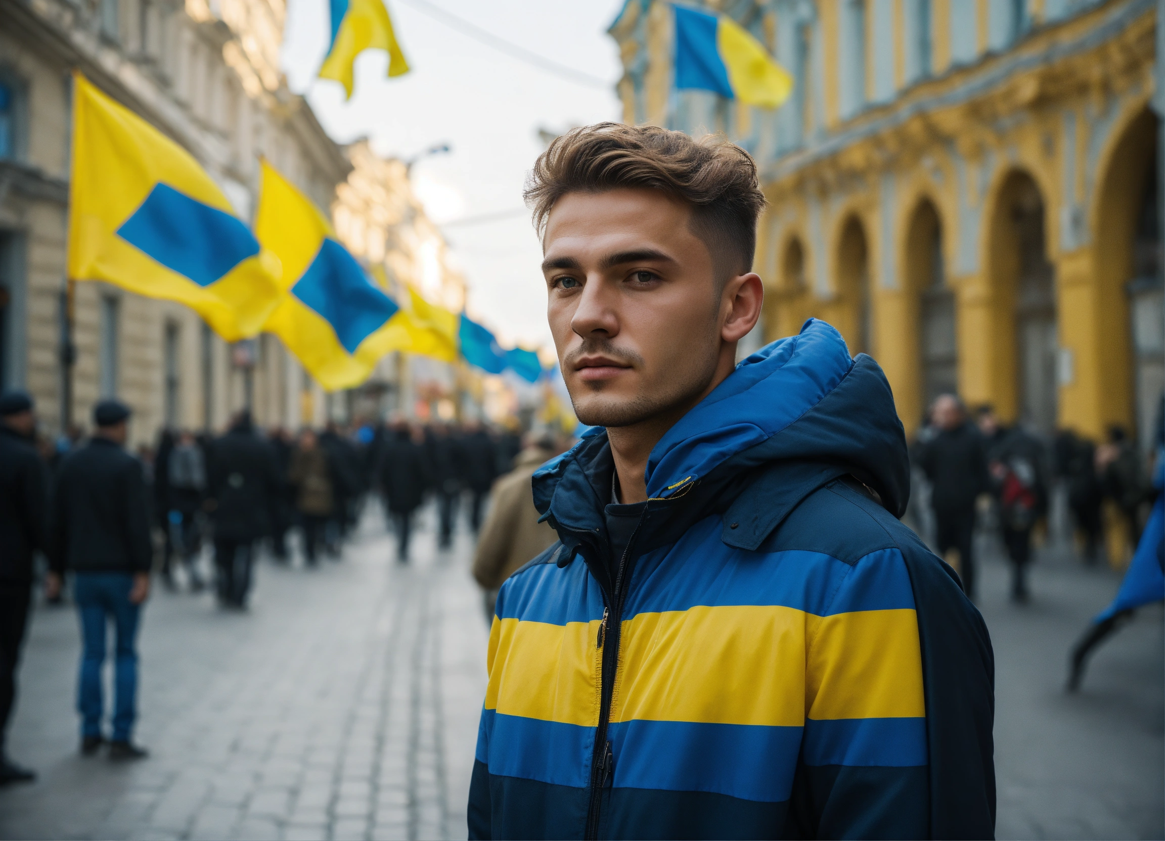 Lexica - High-tech noir beautiful man with Ukraine, on street Kiev ...