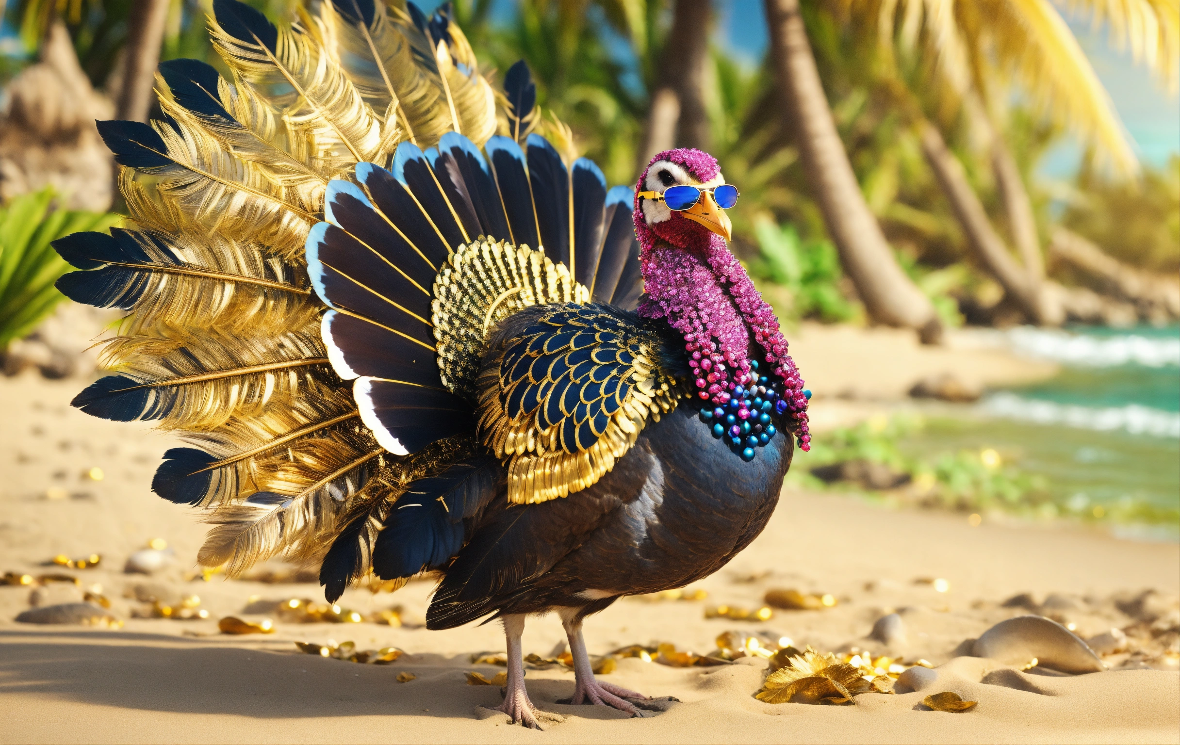 Lexica - Lucky Turkey with sunglasses on the beach with gold and ...