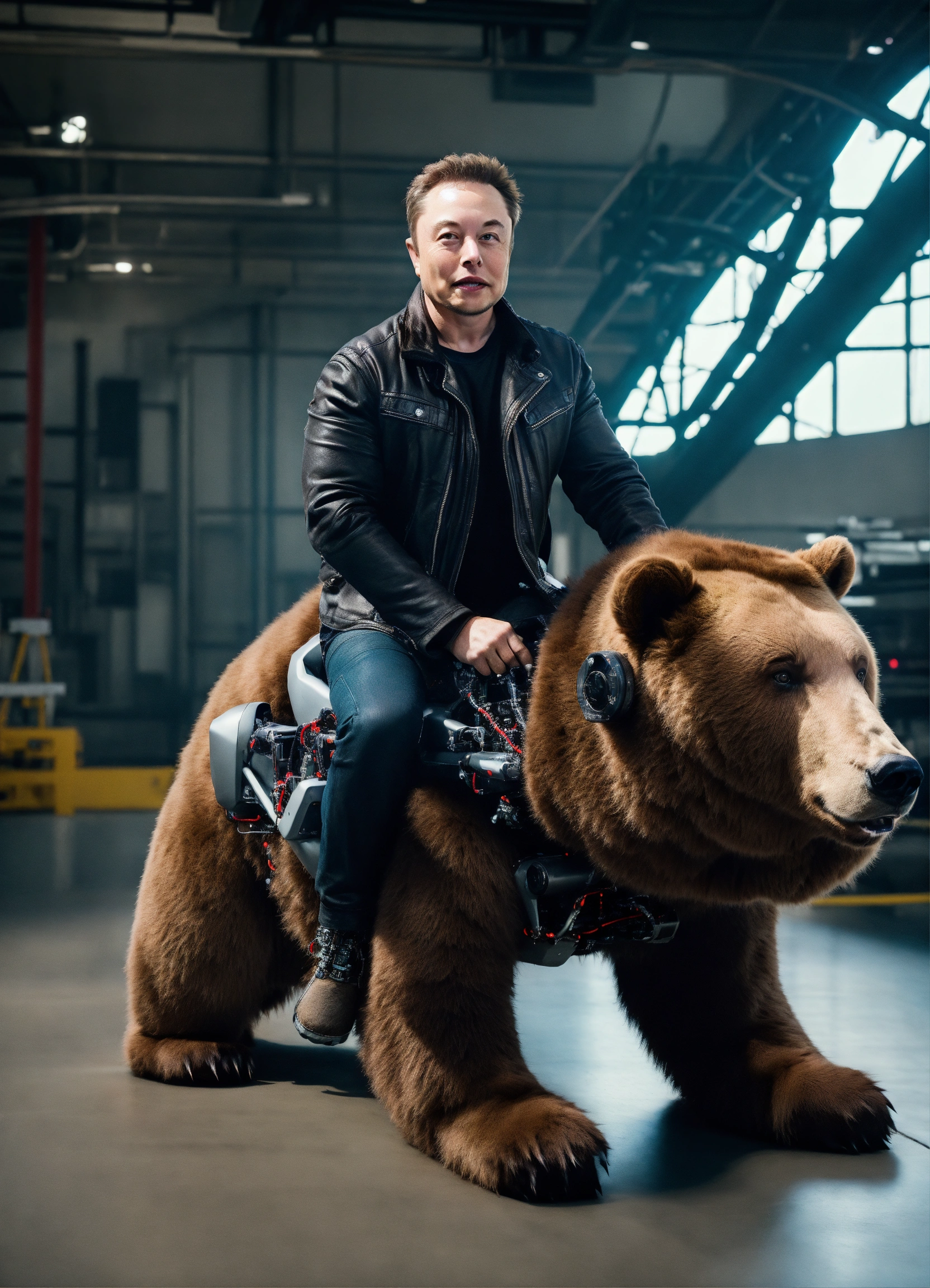 Lexica - Elon Musk riding a robotic bear, best quality, real picture, intricate details, Nikon ...