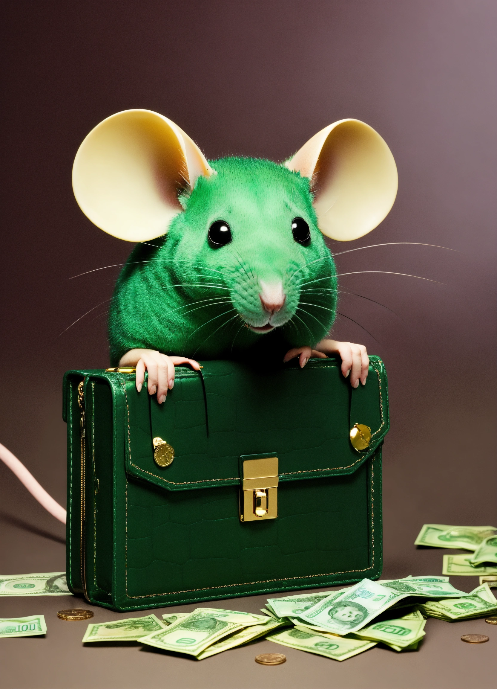 Lexica - A beautiful green mouse with a black briefcase with money ...