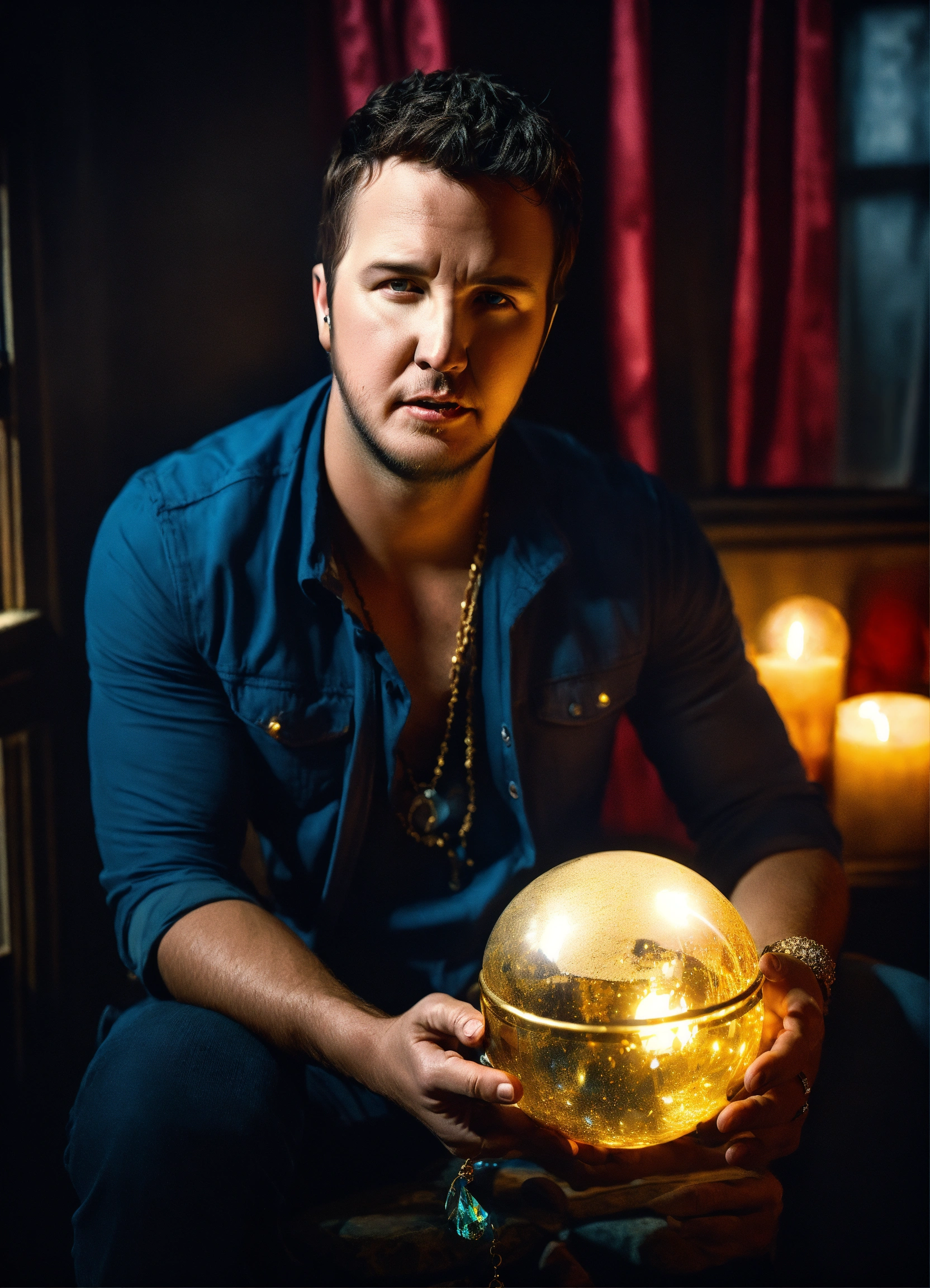Lexica - Create a photo of luke bryan as a fortune teller, sitting in a ...