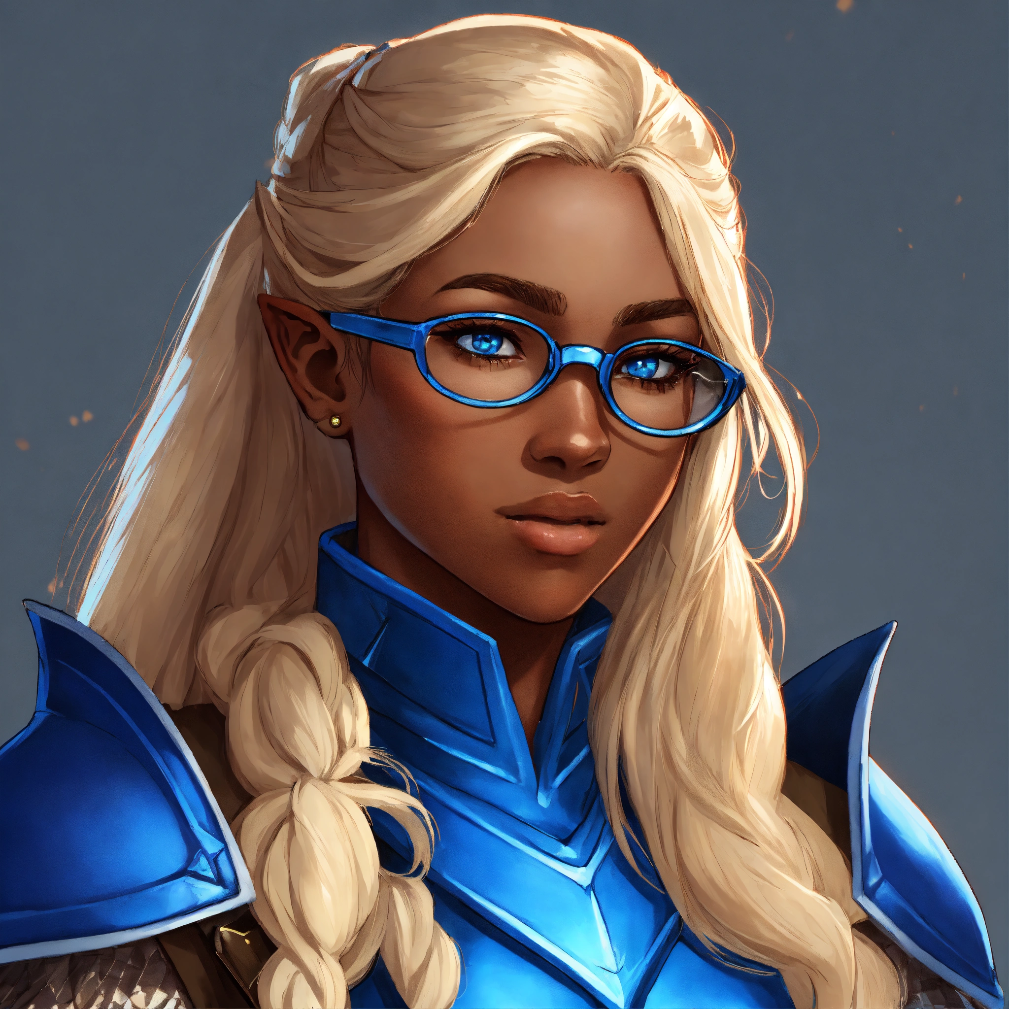 Lexica - A very brown skinned half elf woman, wearing glasses with deep ...