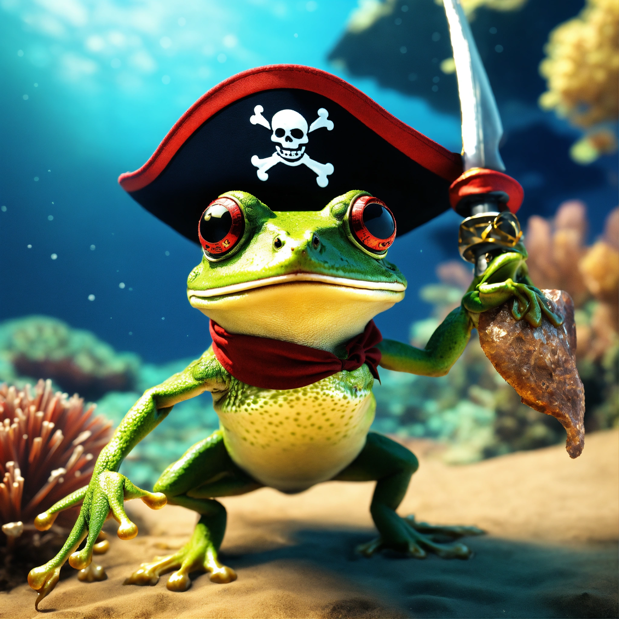 Lexica - Pirate frog, wearing a pirate hat, holding a pirate flag ...