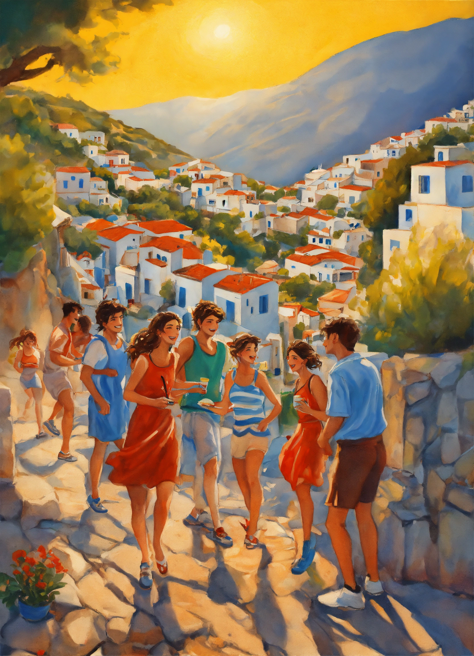 Lexica - A hand drawn painting of a few Greek boys and girls in their ...