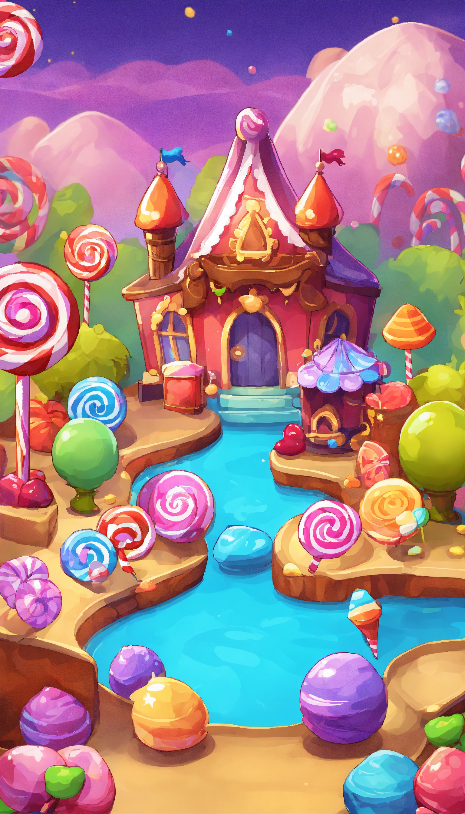 Lexica - 2d mobile platform game background with candy party scene