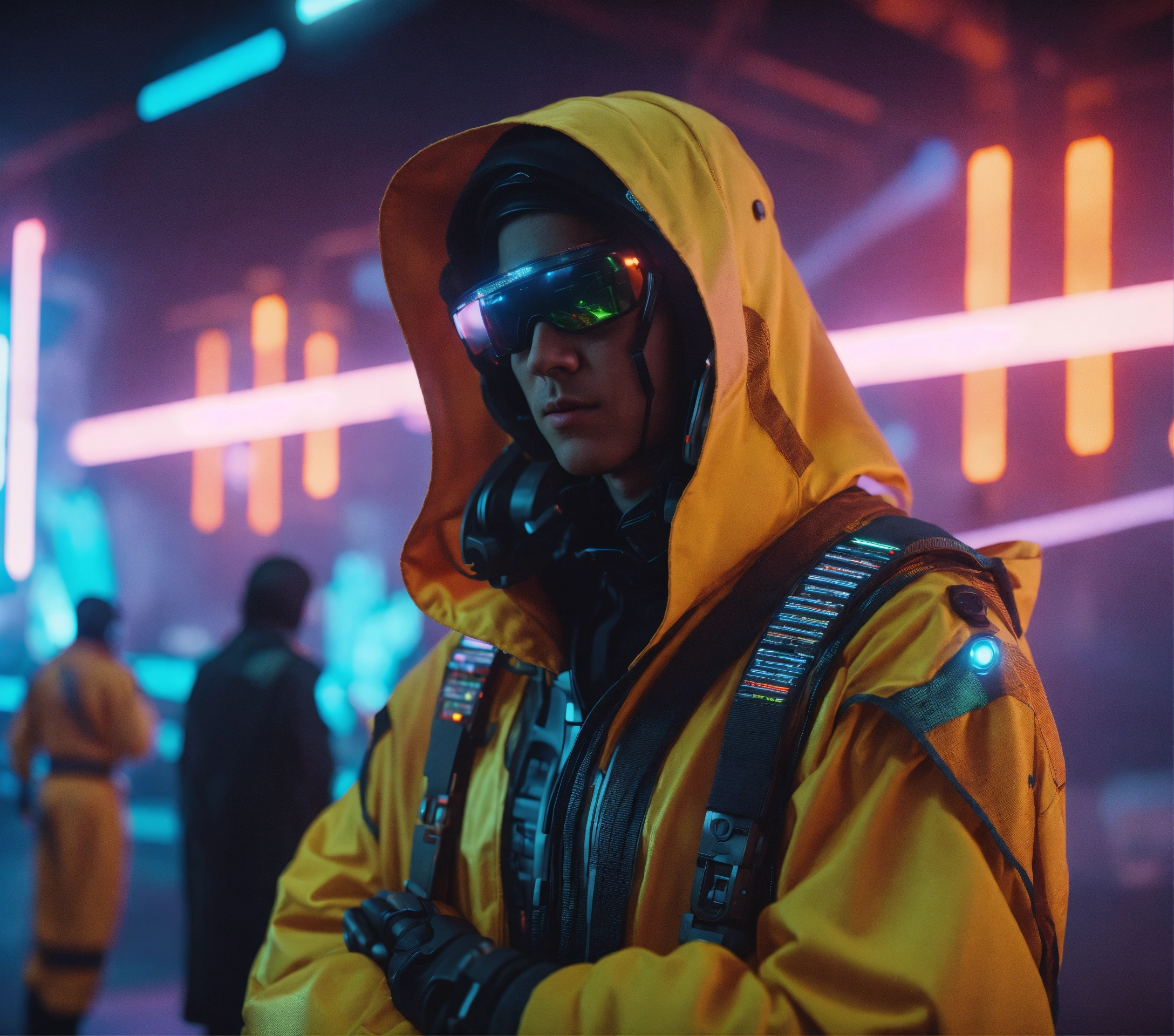 Lexica - Zoom out from a futuristic martial arts master hacker, wearing ...