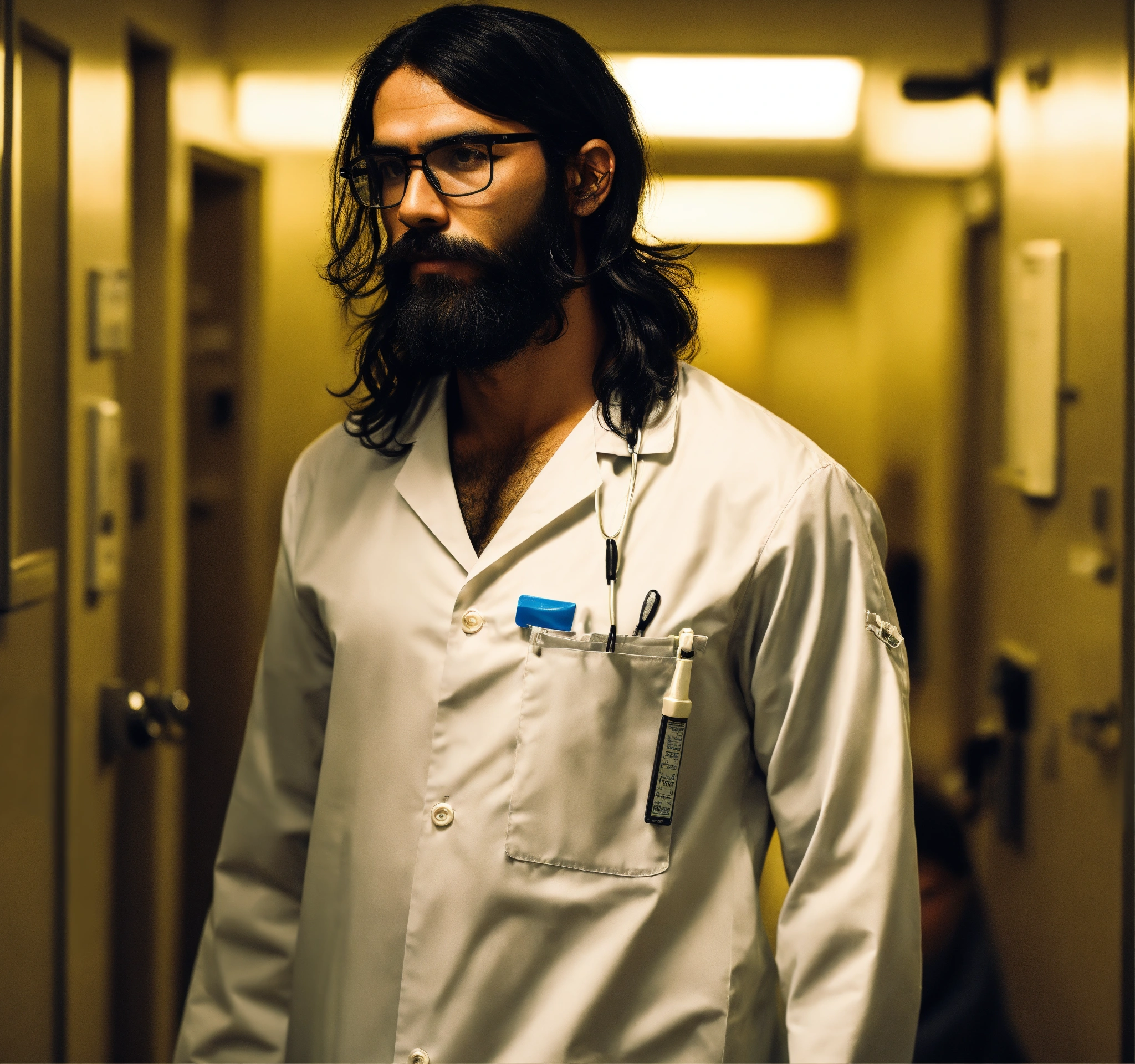 Lexica - Hospital nurse man skinny and tall with black long hair and ...