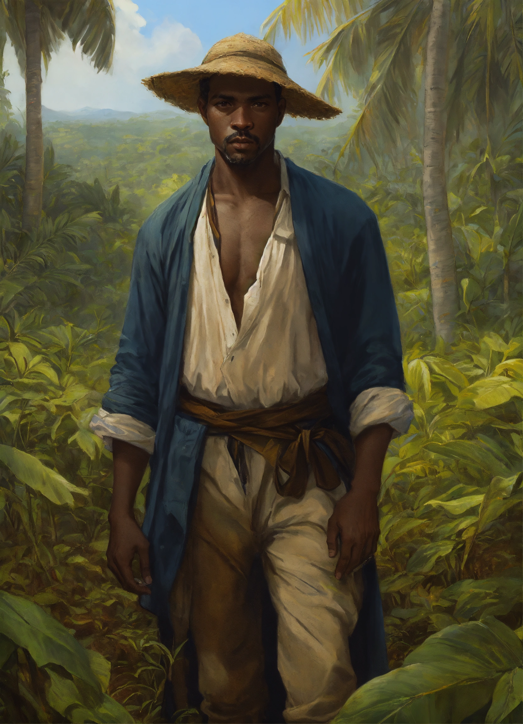 Lexica - Close up, Black poor man farming on a plantation surrounded by ...