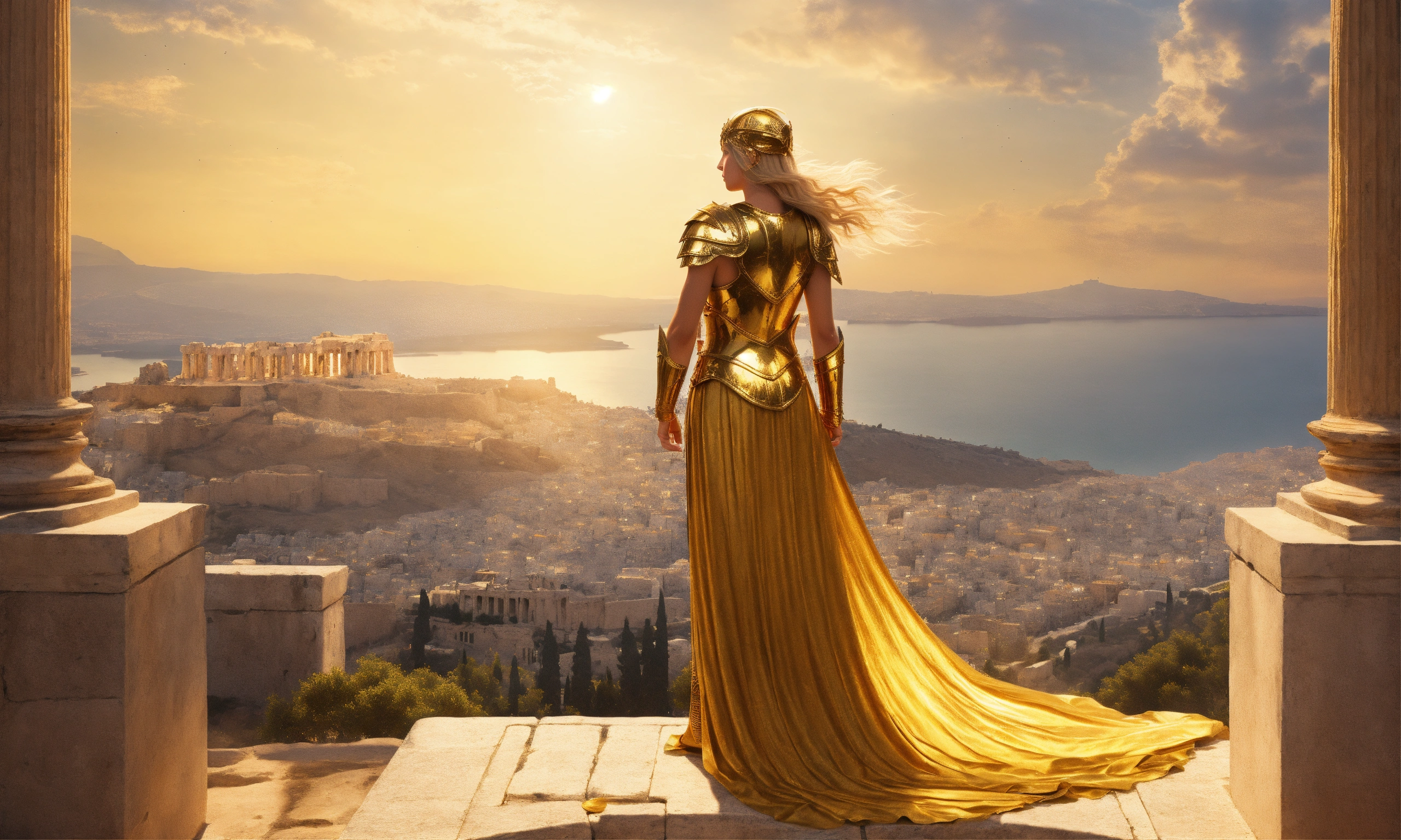 Lexica - Greek goddess Athena with blonde hair, gold armor, from behind ...