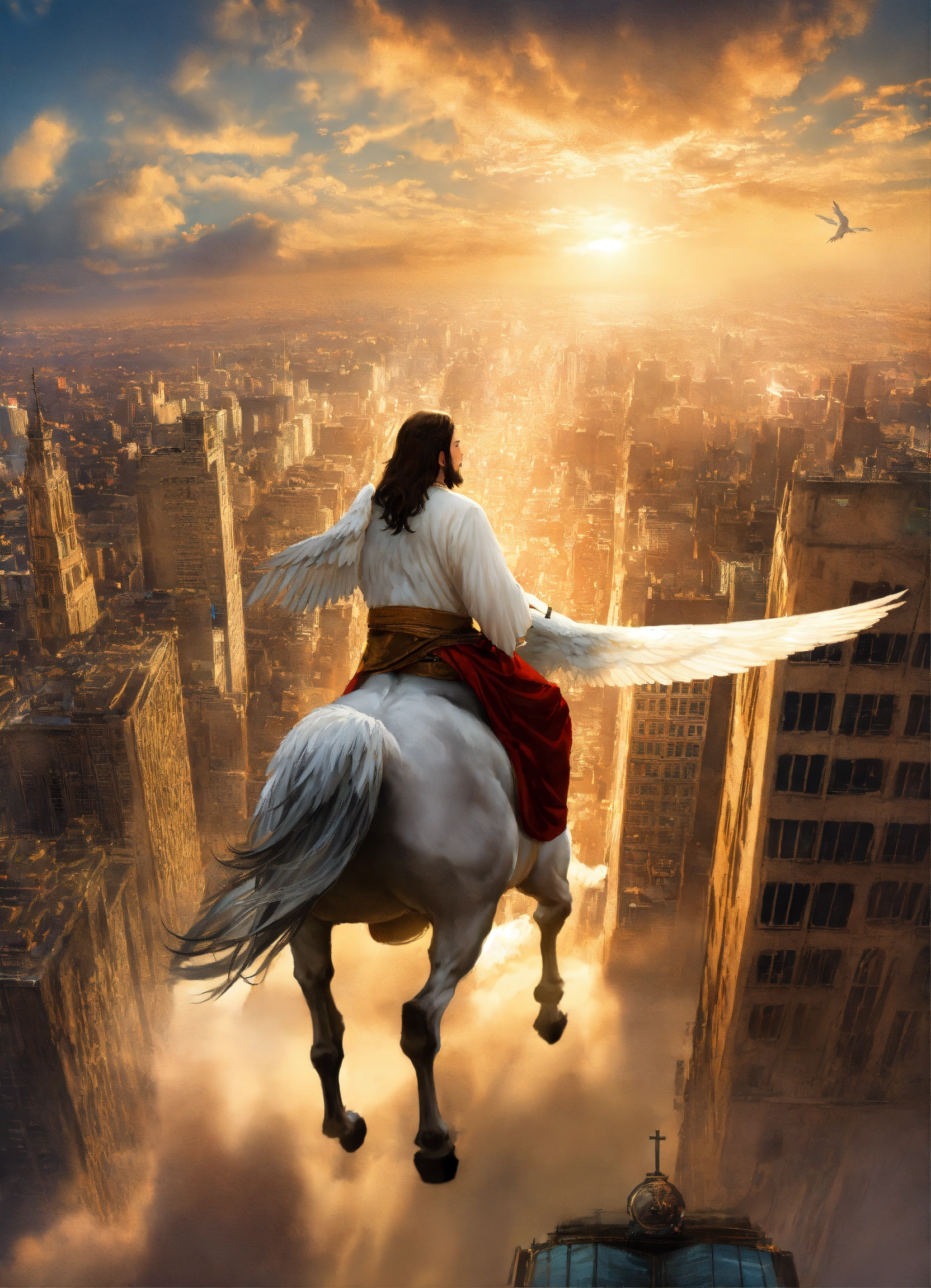 Lexica - Jesus Christ in the city skyline riding a majestic pegasus.