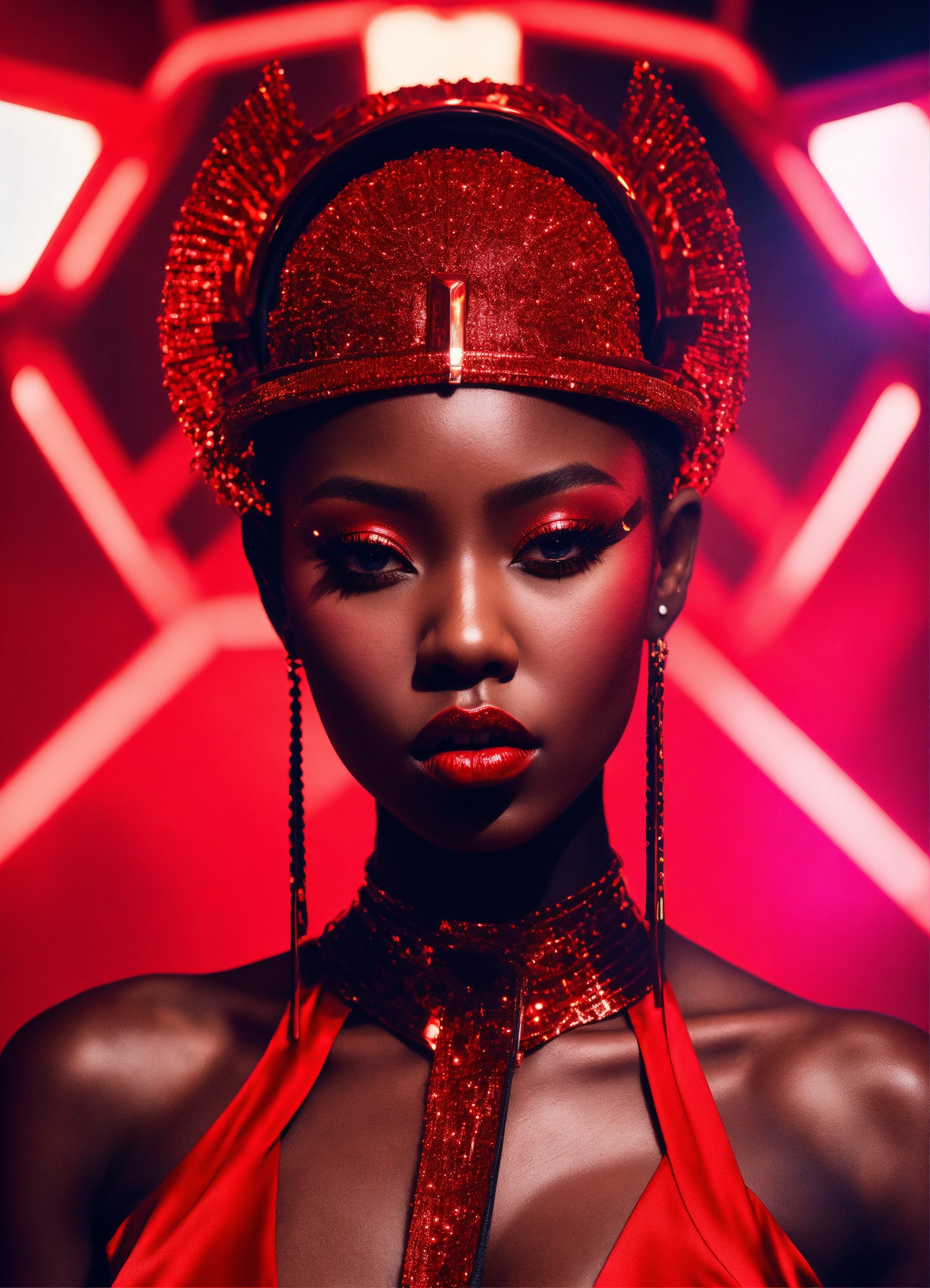 Lexica - A dark skin black female Kpop idol in a all red sleek ...