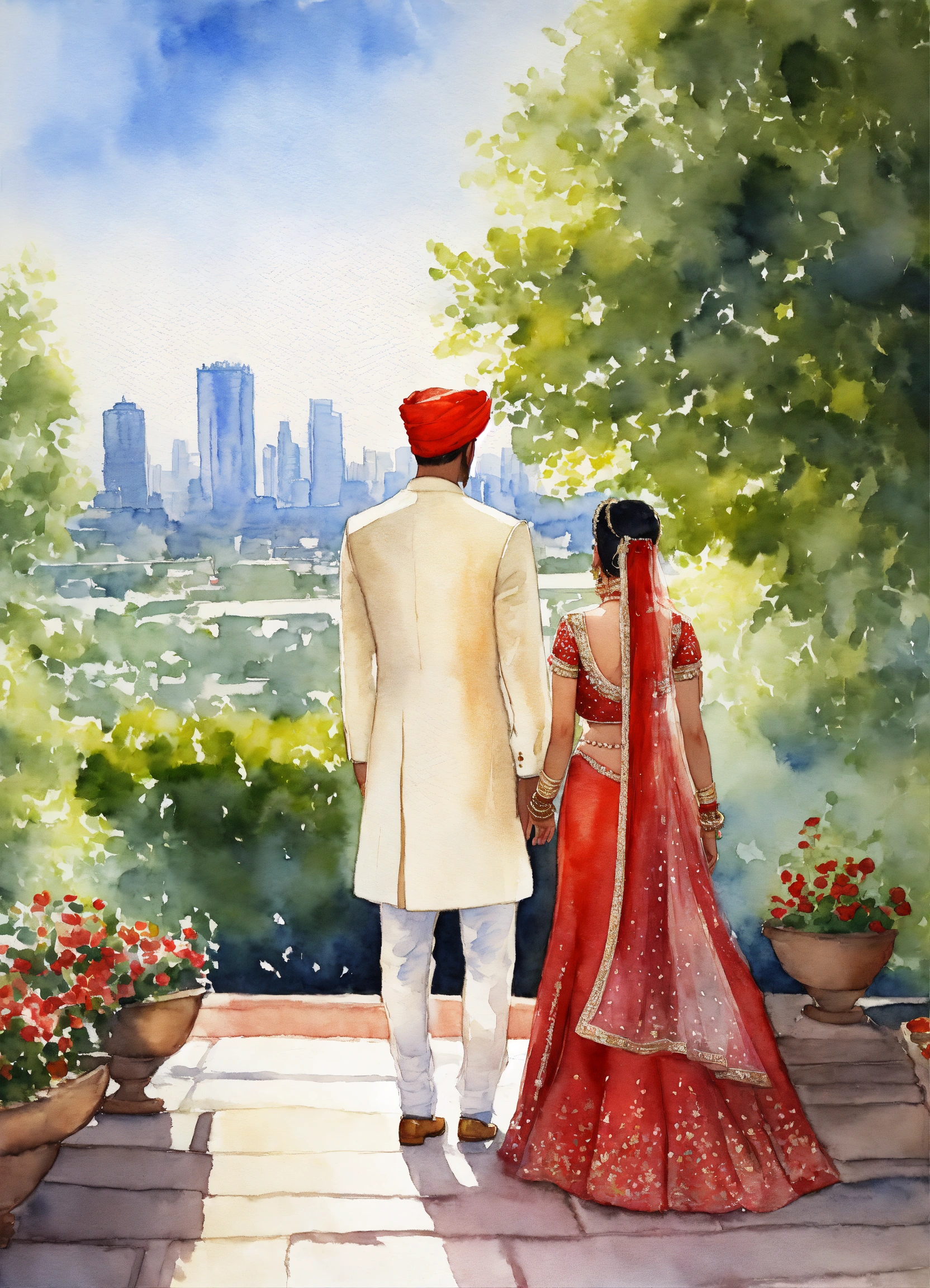 Lexica - Watercolour, Indian bride, red lengha, Indian Groom, white ...