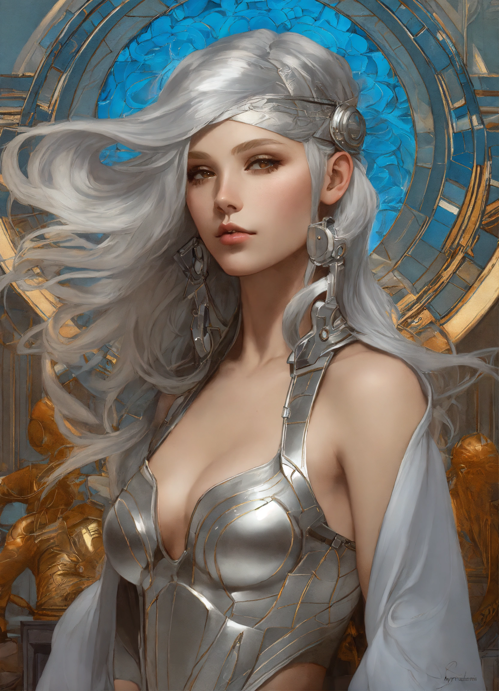Lexica - Silver-haired, long hair, female, futuristic, hermaphrodite, mucha, detailed ...