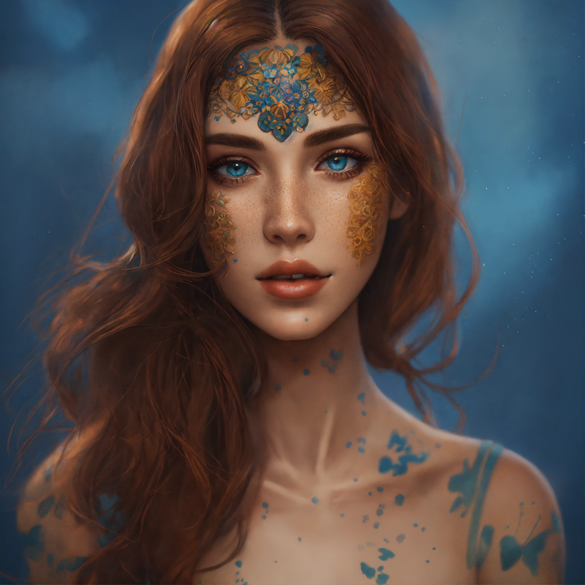 Lexica - Portrait of the slender woman with smiley lips, a long brown air, and a face painted ...