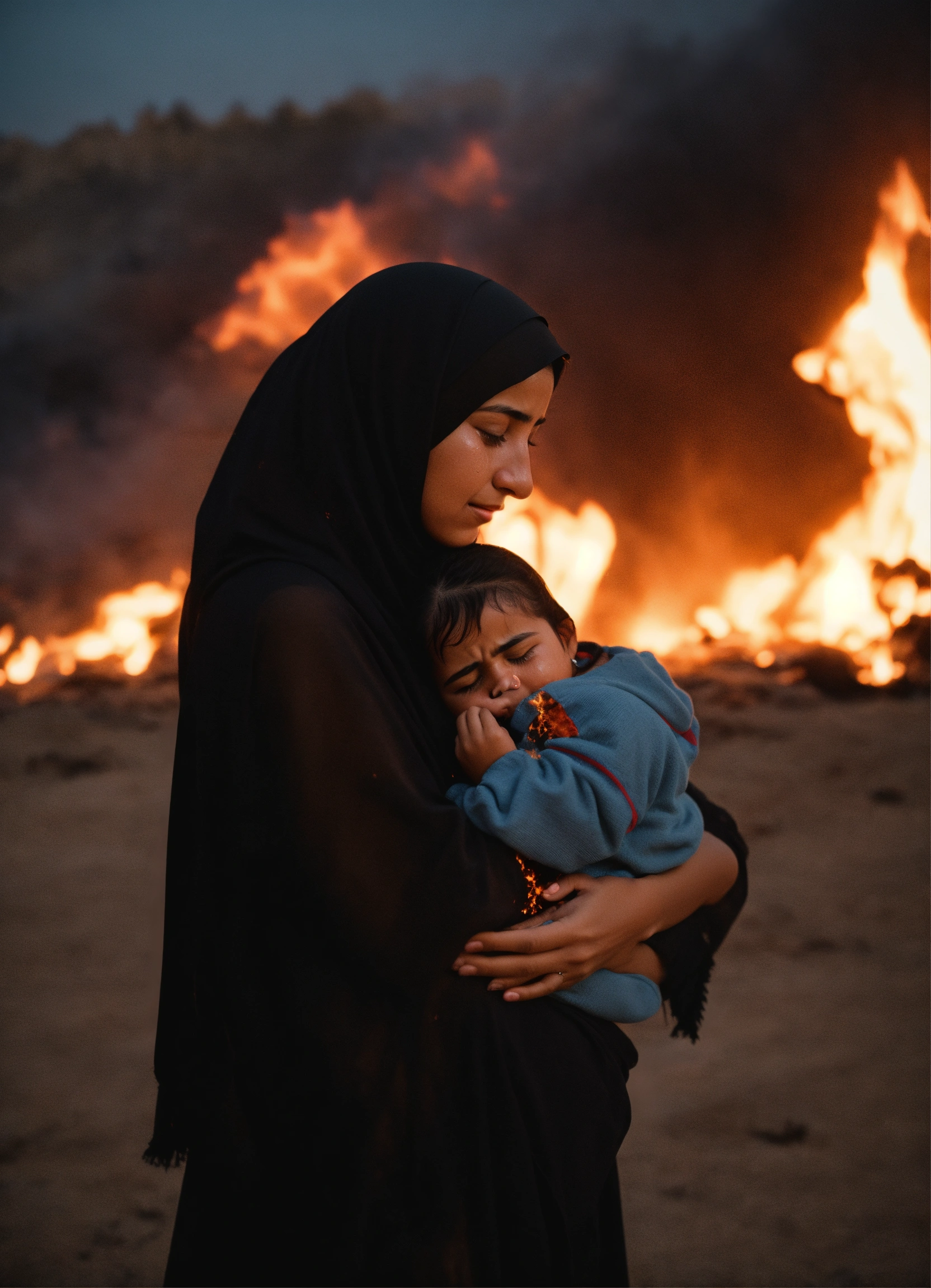 Lexica - Crying arab woman holding her dead child, fire behind her ...