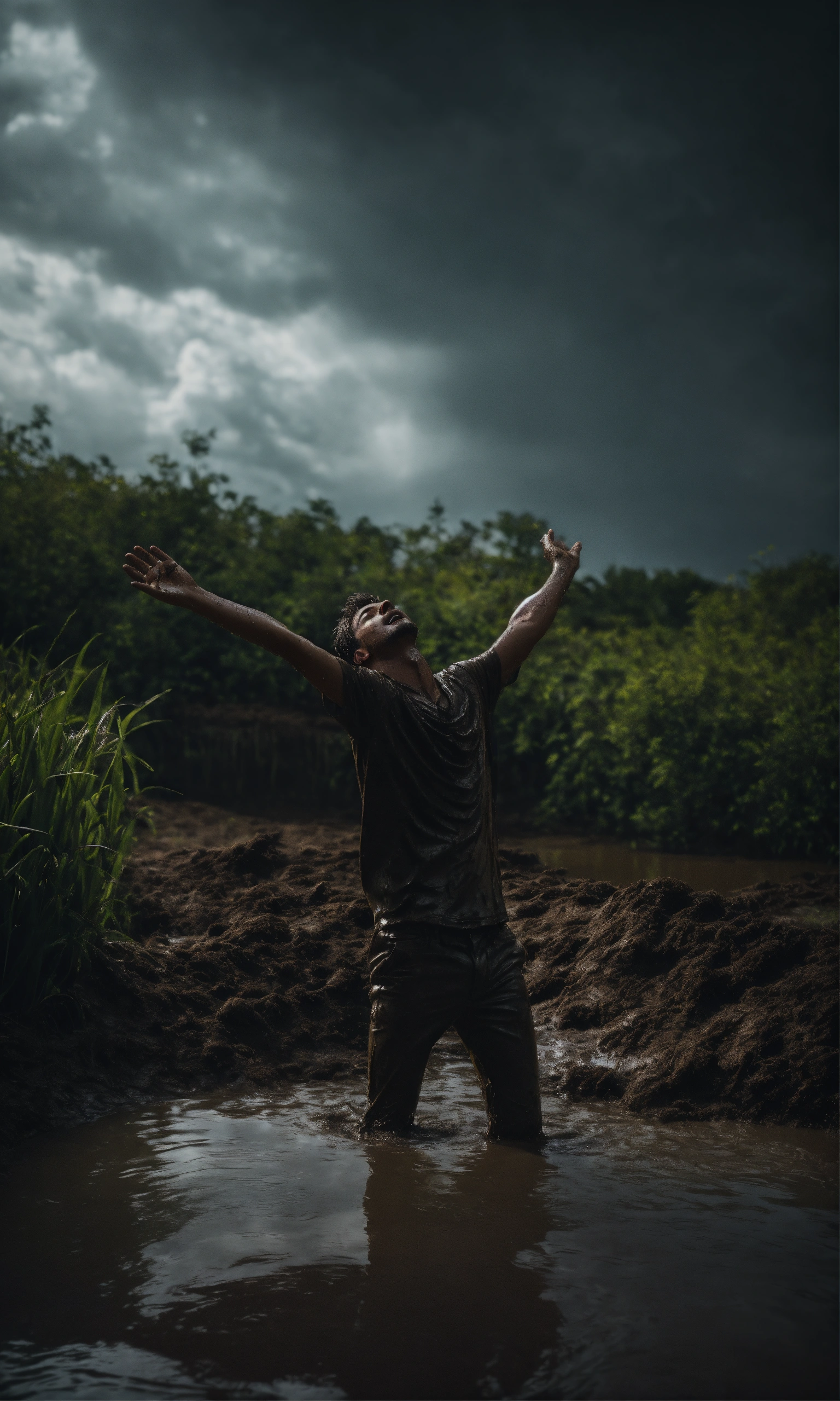 Lexica - A young dirty man falling in a mud pond, extending his hand to ...