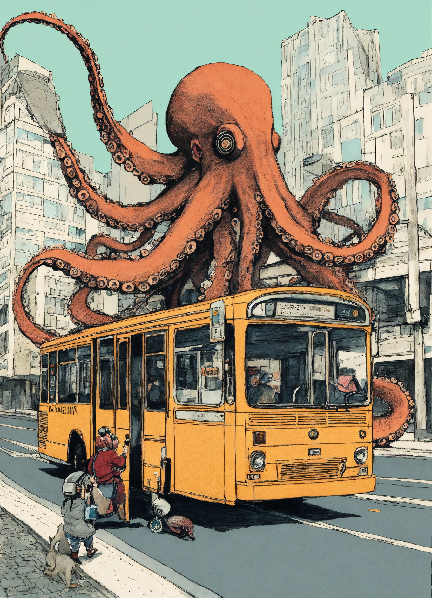 Lexica - Ink drawing of an octopus pushing wearing headphones, riding ...