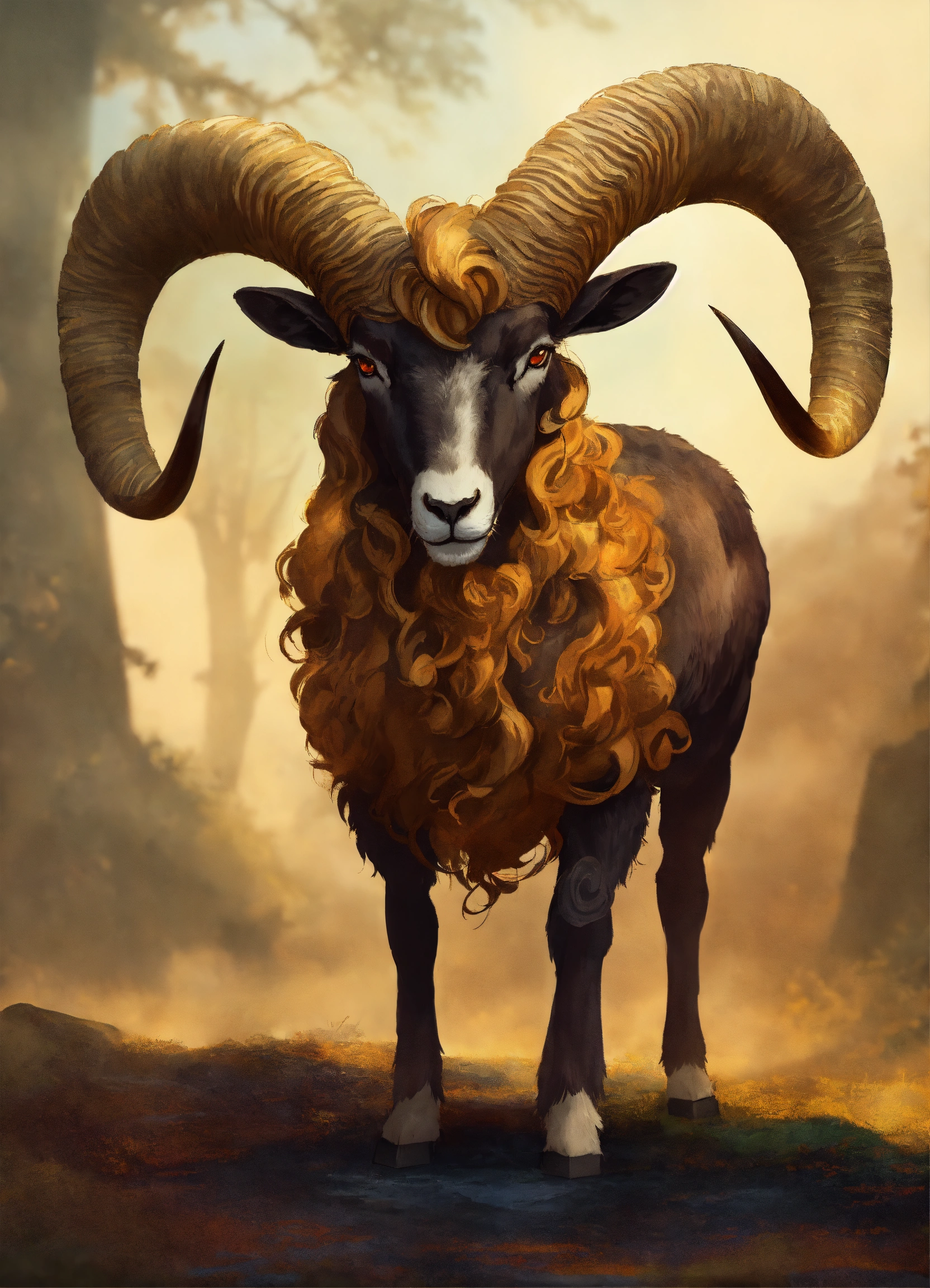 Lexica - Concept art of a ram with long curly horns and strong front legs