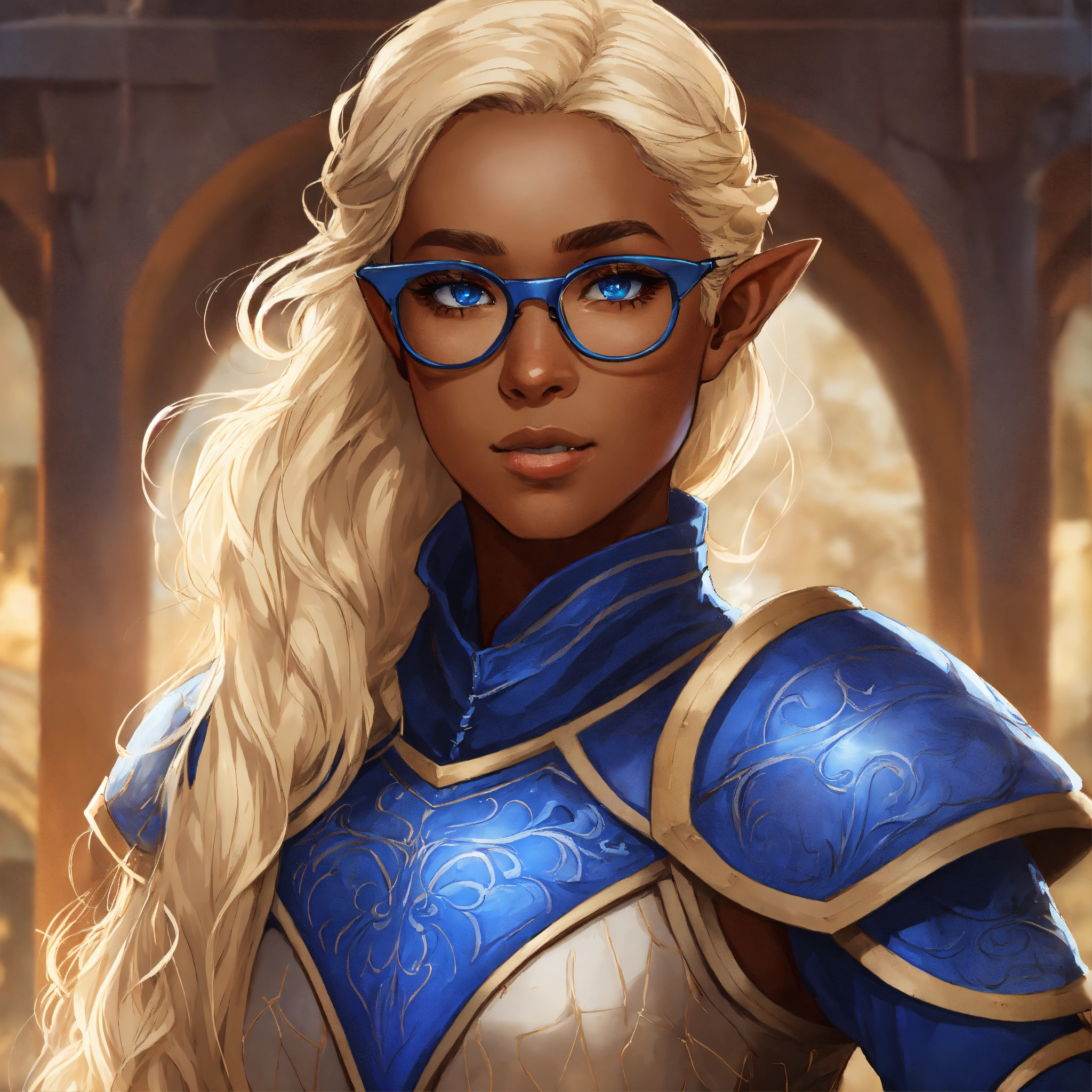 Lexica - A very brown skinned half elf woman, wearing glasses with deep ...