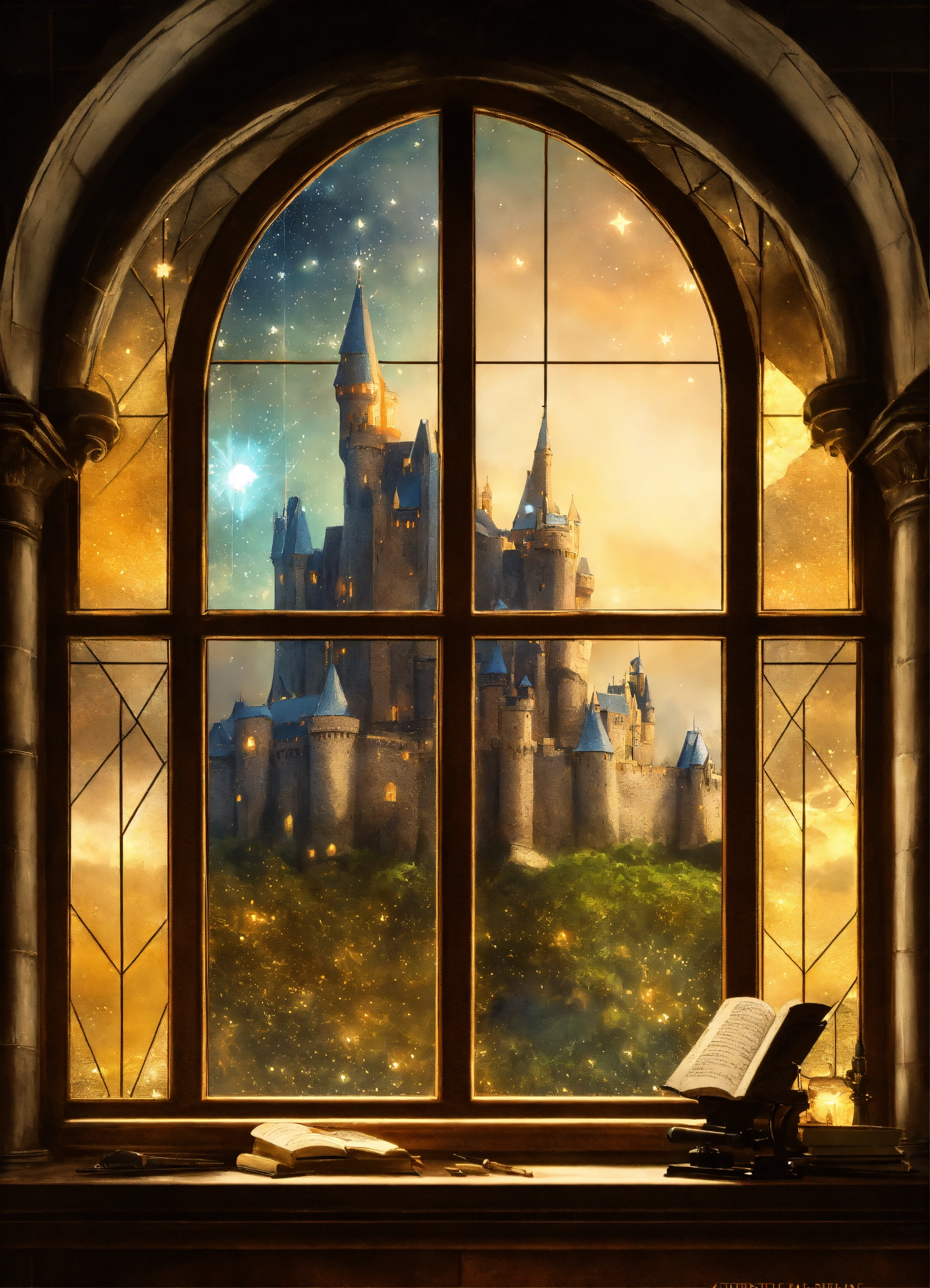 Lexica - A quill on a star map, against a castle window. Art deco style ...