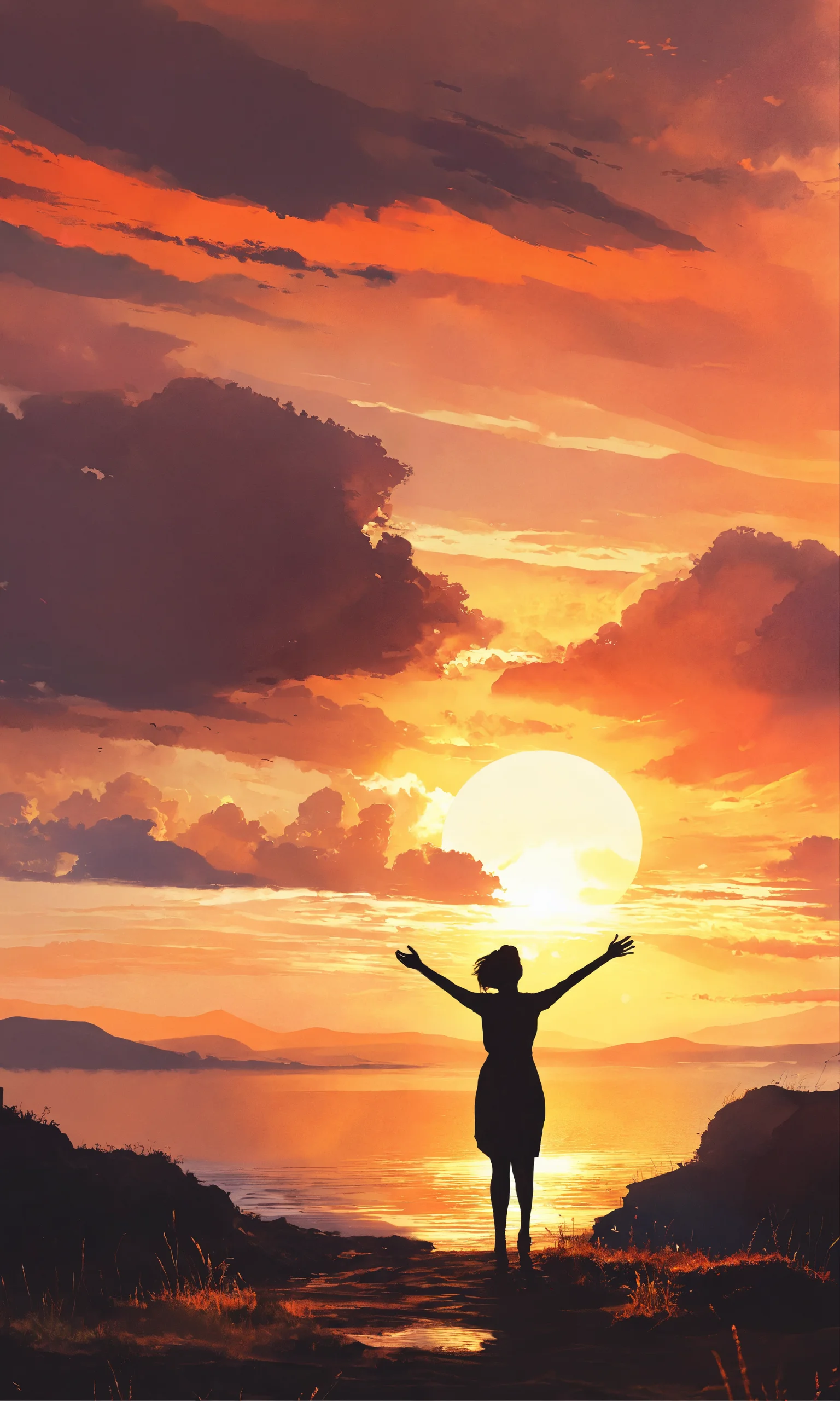 Lexica - Design a sunrise scene with a person embracing the day ...