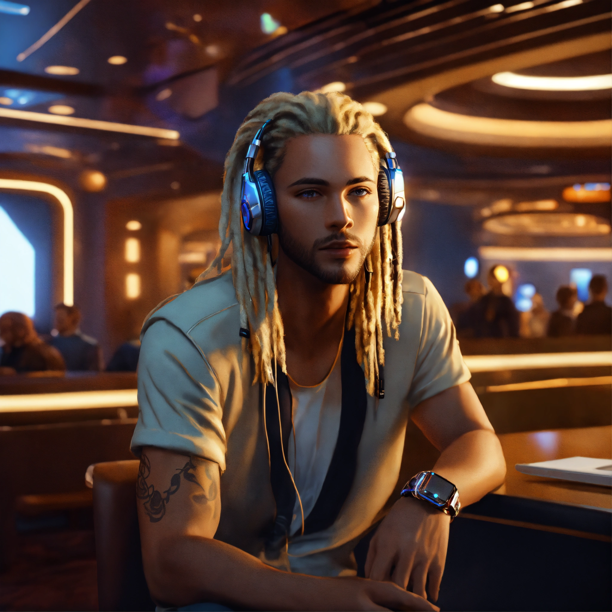 Lexica - Zoom out on a scruffy blonde dreadlock male rockstar wearing ...