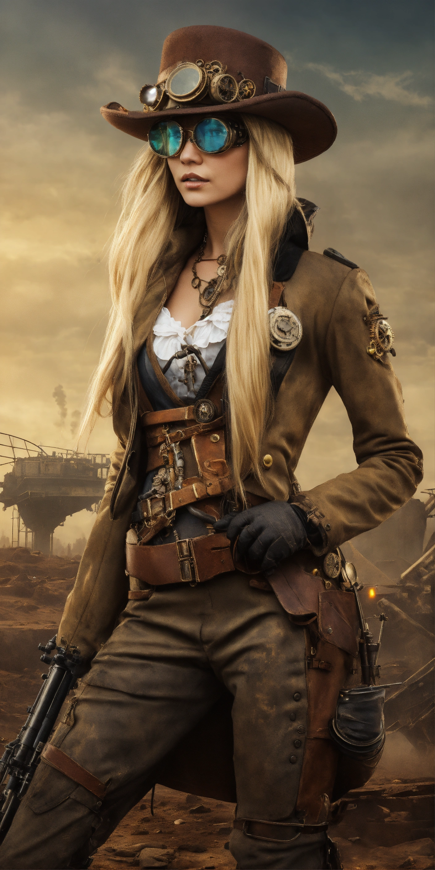 Lexica - A female sniper bandit with long blond hair with hat and steampunk glasses in a Farwest ...
