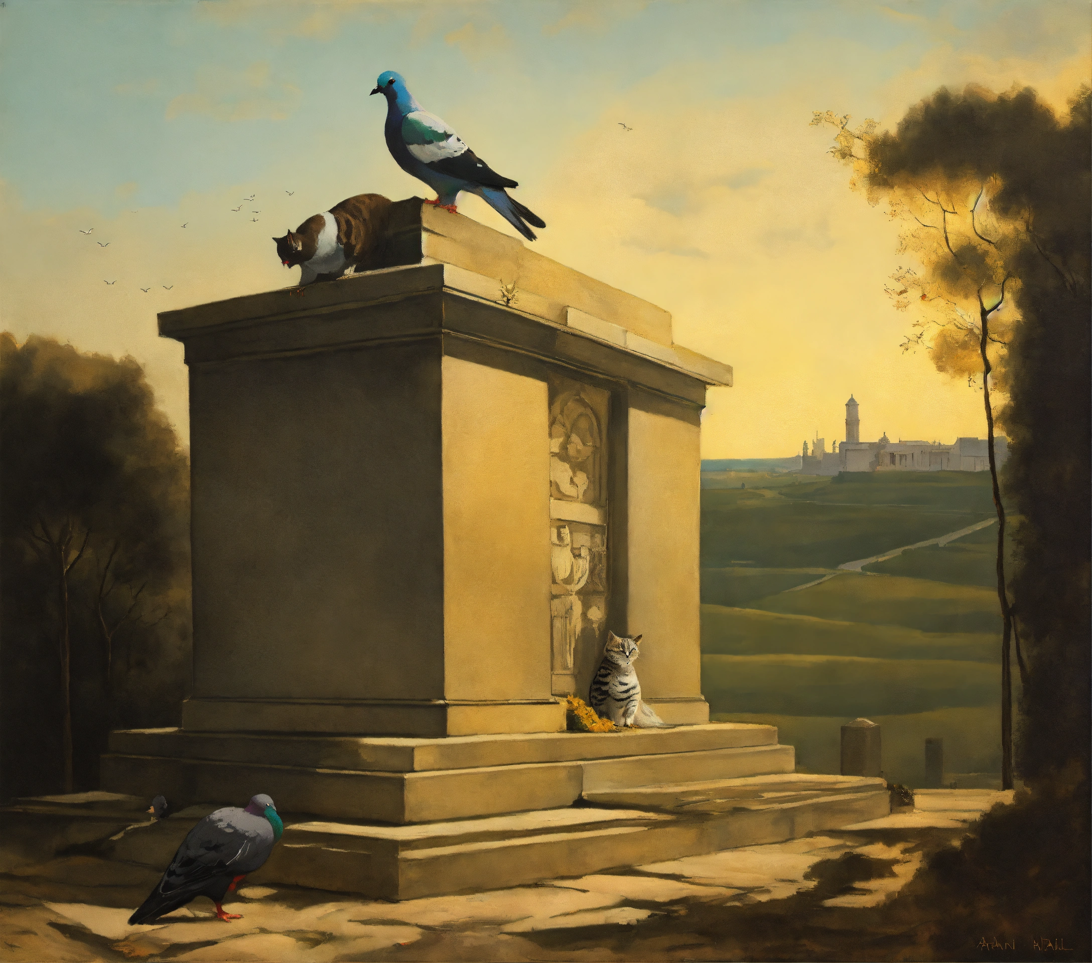Lexica - Landscape with one pigeon hugging one cat on a huge tomb of ...