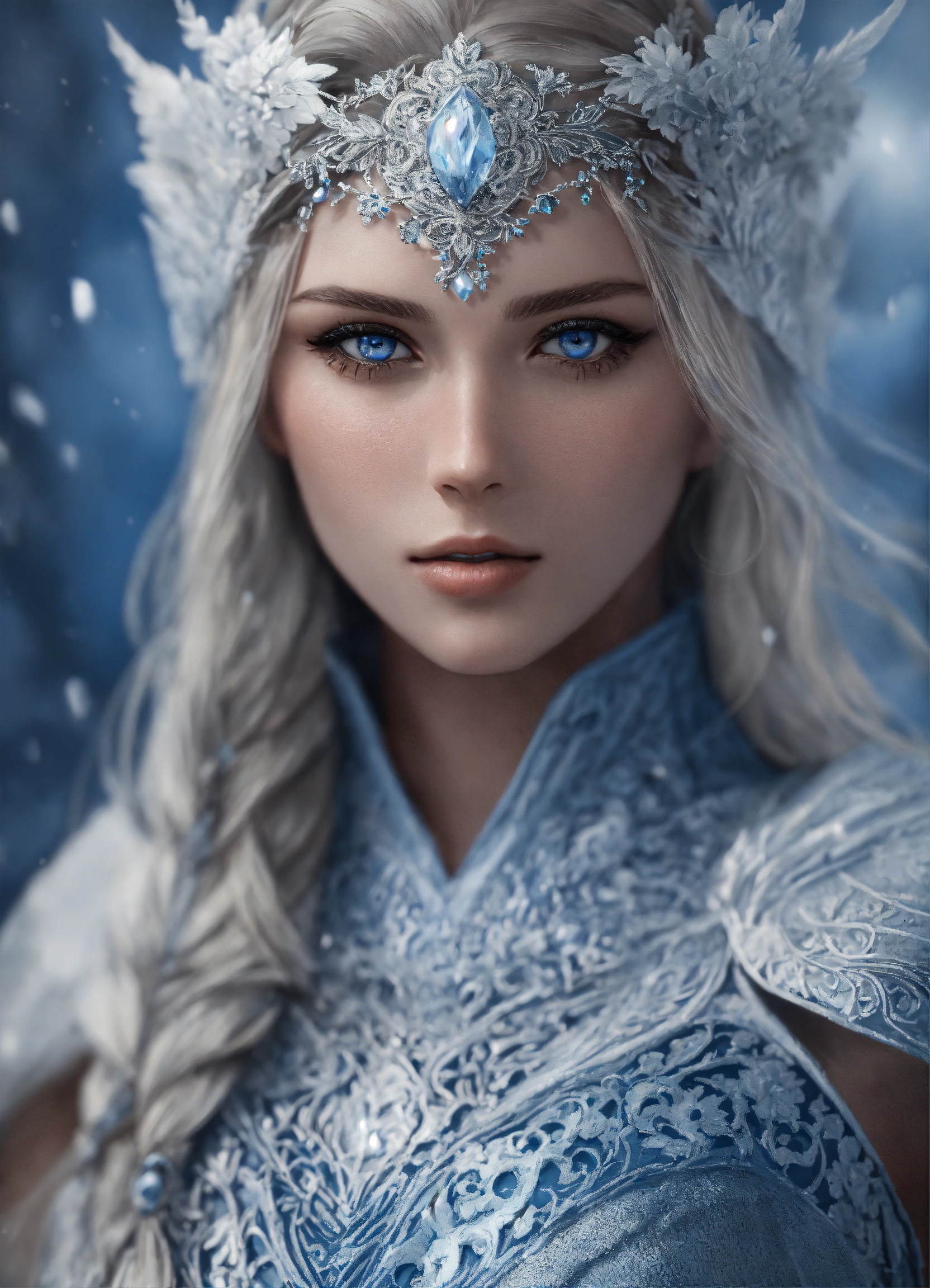 Lexica - Photorealistic, blackandwhite, frost maiden, blue eyes, close ...
