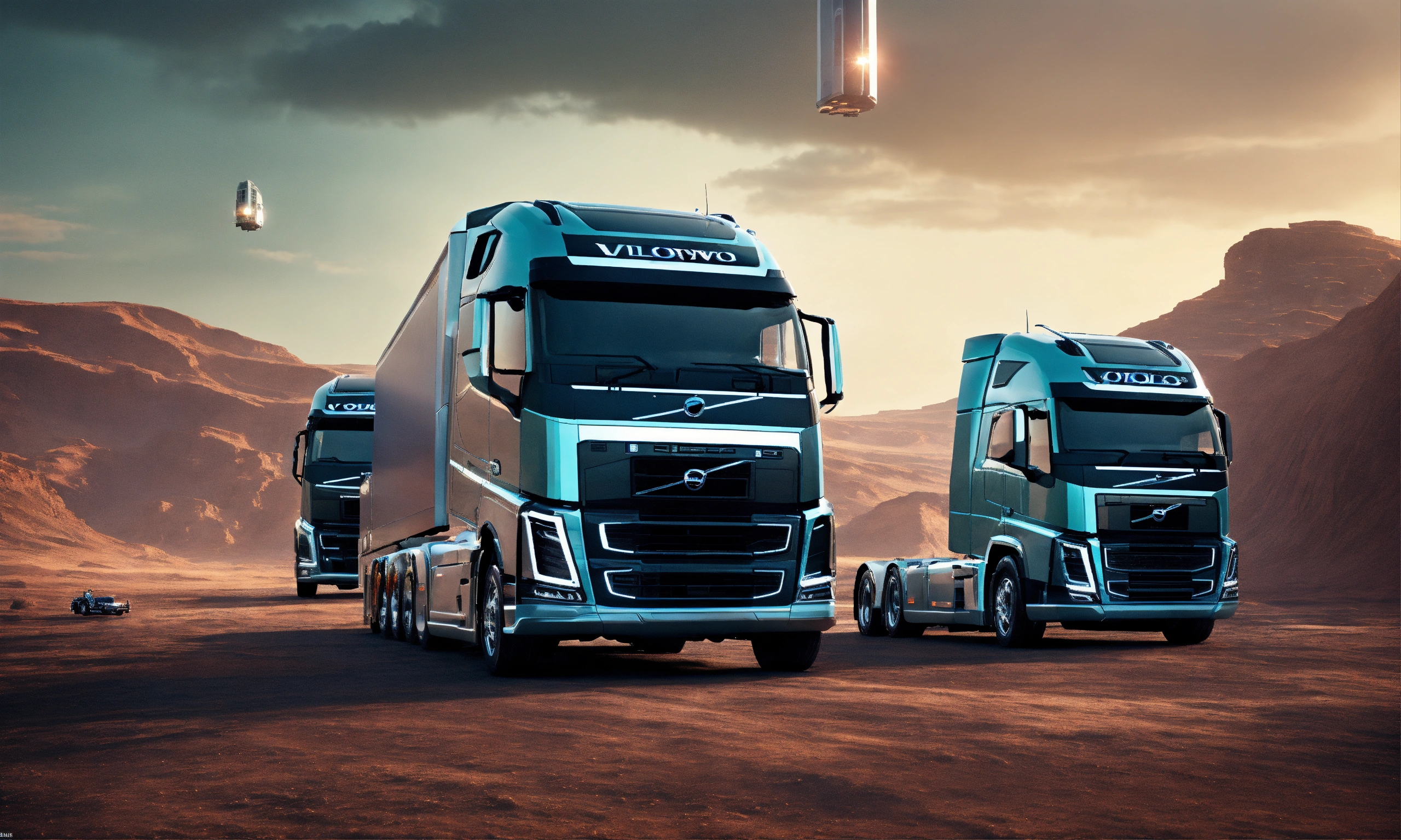 Lexica - Two volvo truck spaceships floating side by side. frontal view ...