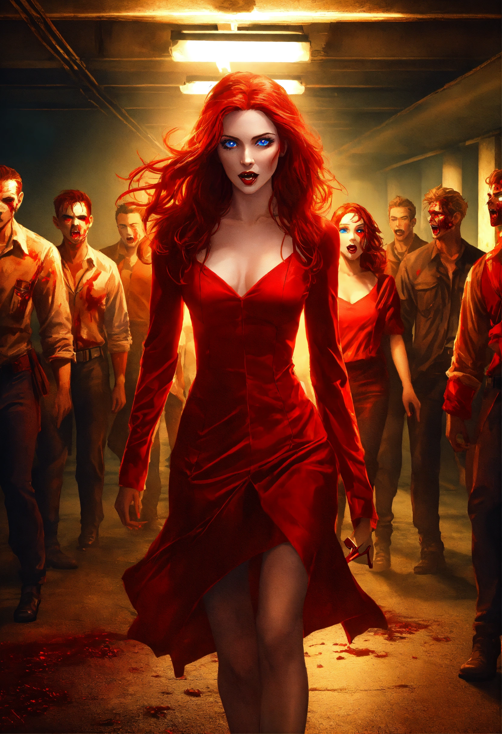 Lexica - A beautiful blue-eyed red haired Vampire woman in a short red silk dress and wearing ...