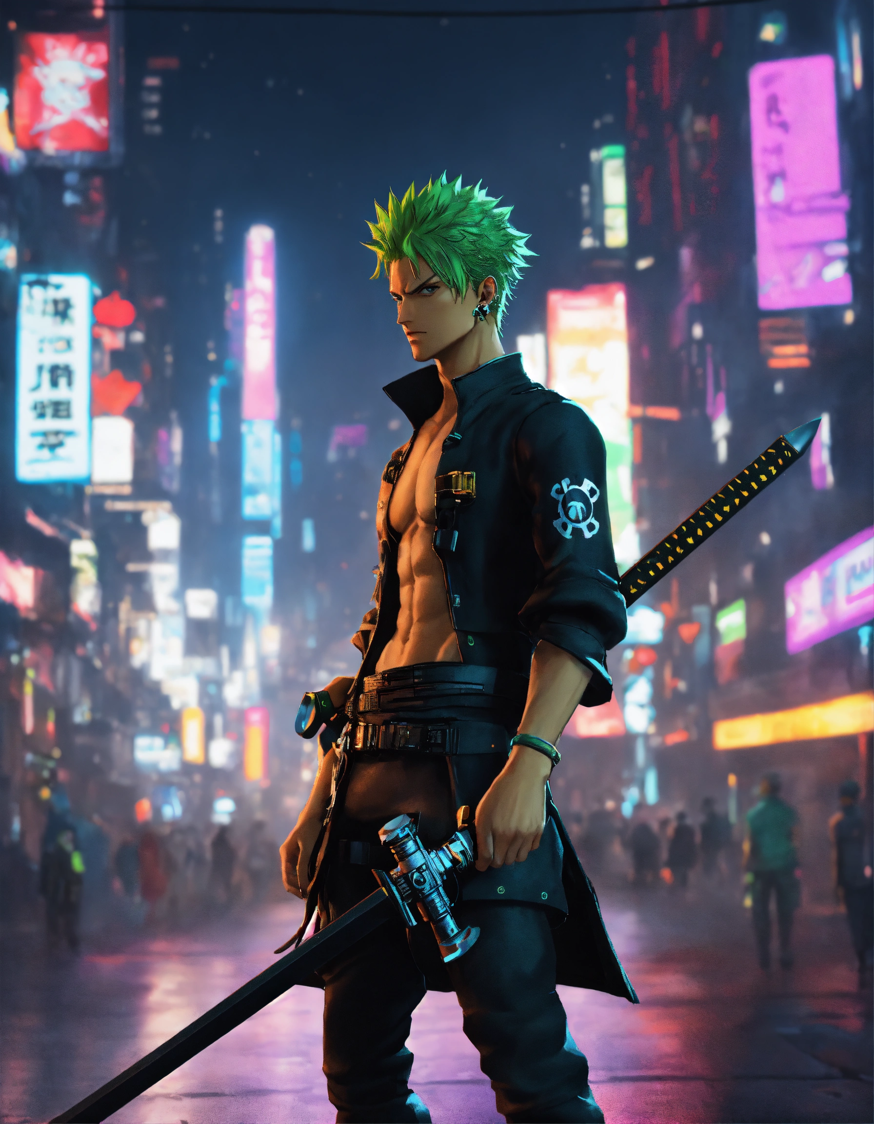 Lexica - Generate a modern-day cyberpunk version of Zoro from One Piece ...
