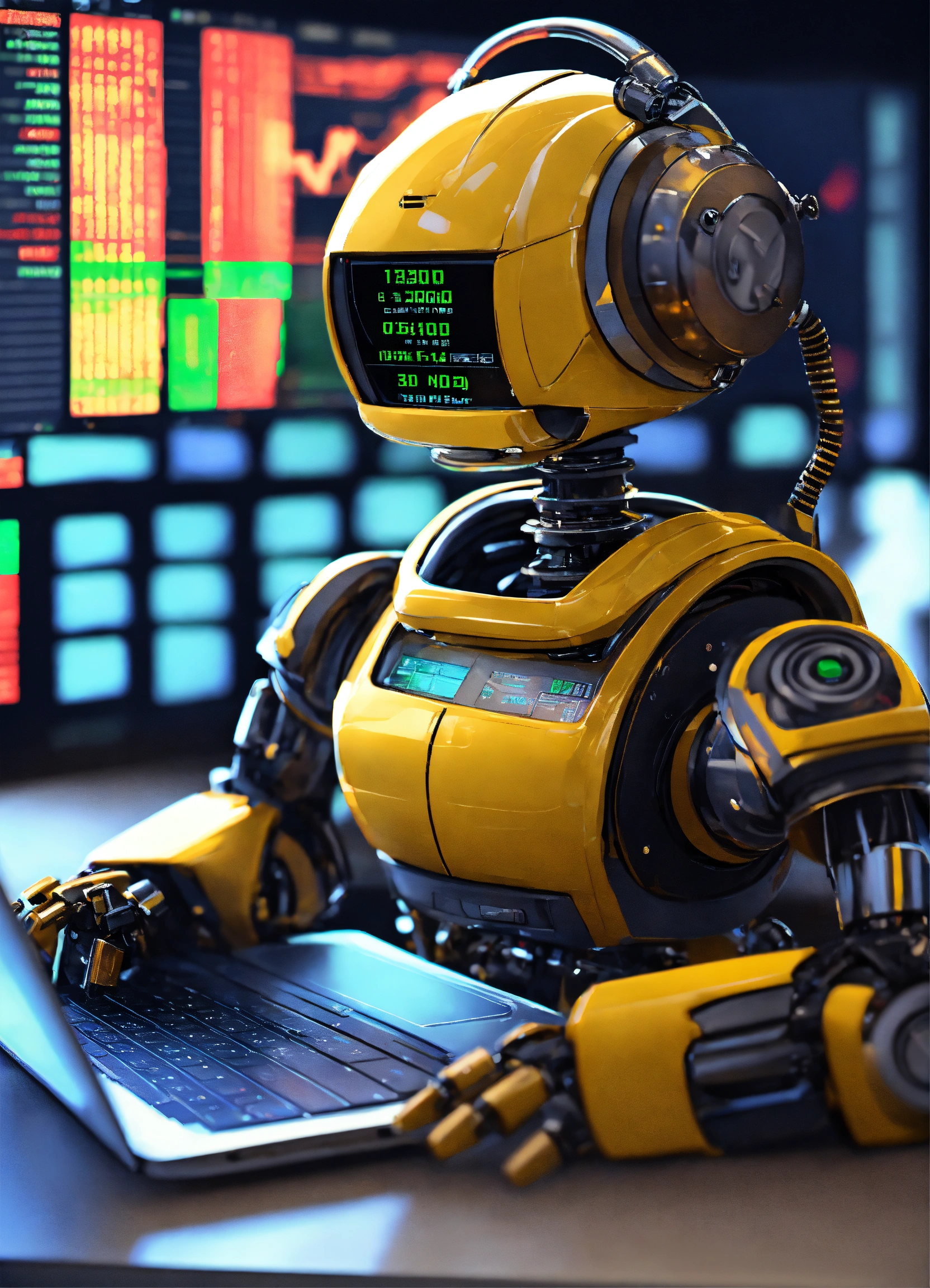 Lexica - Cute robot that monitors binary options chart on laptop