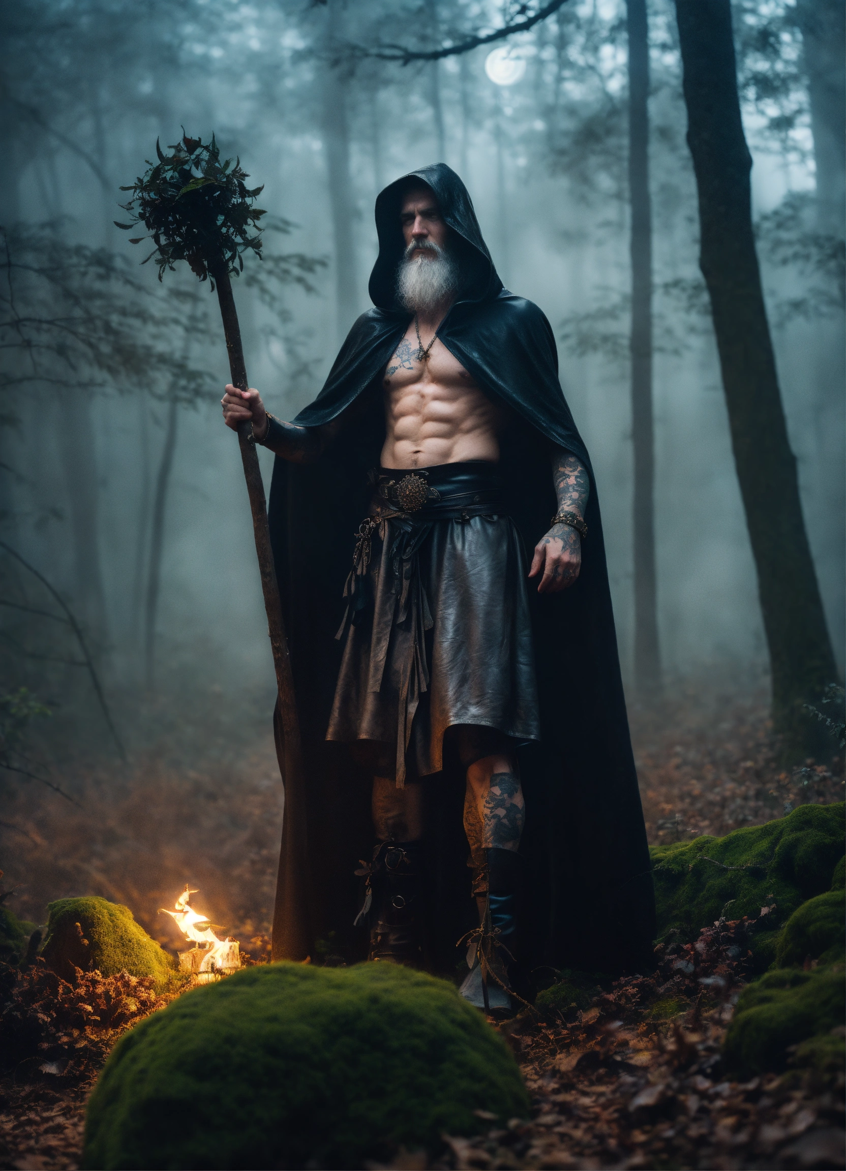 Lexica - In the style of Brom, a thin shirtless tattooed insane hermit ...