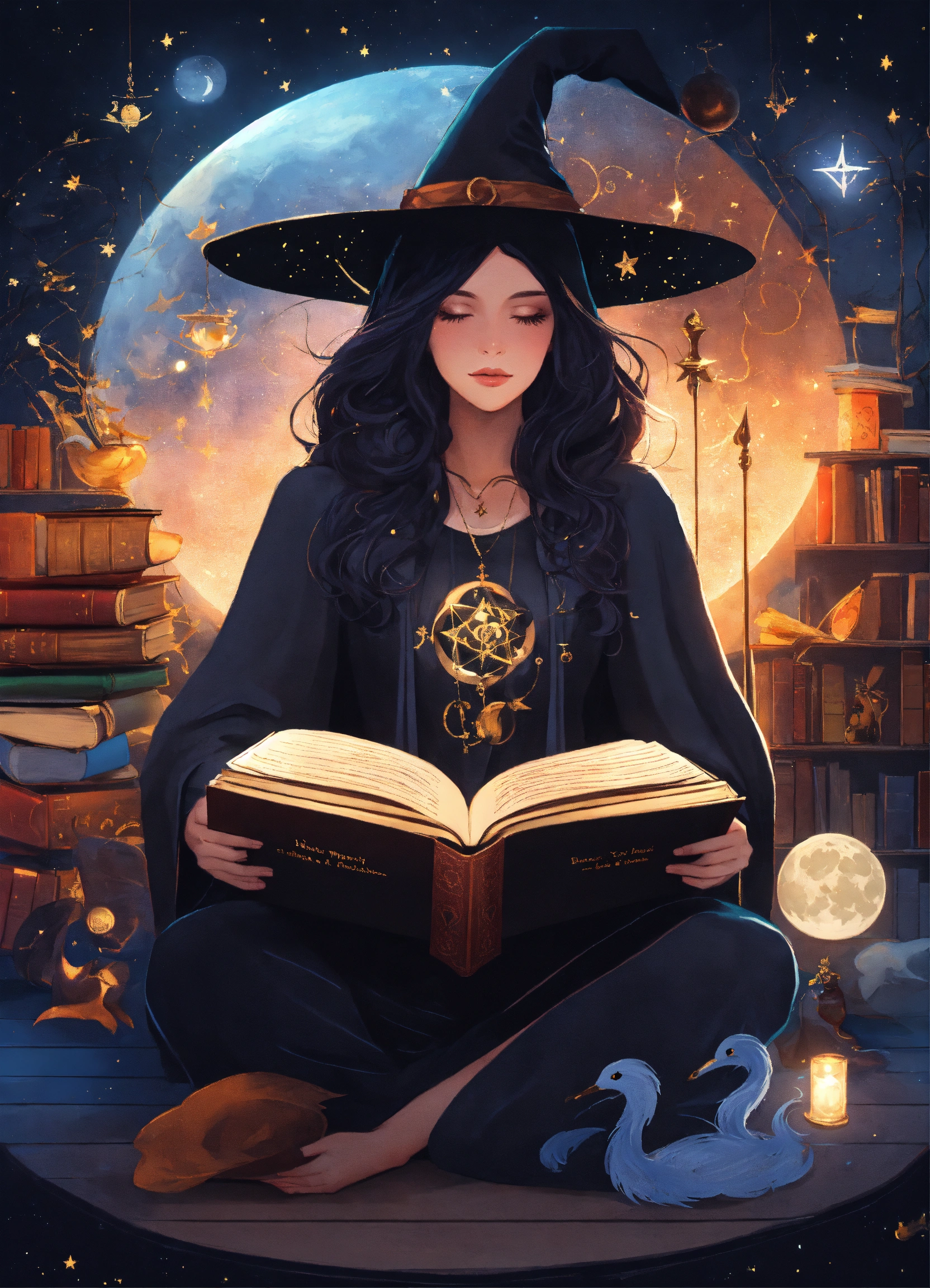 Lexica - Mysterious witch wearing a black hat and cloak, reading a ...