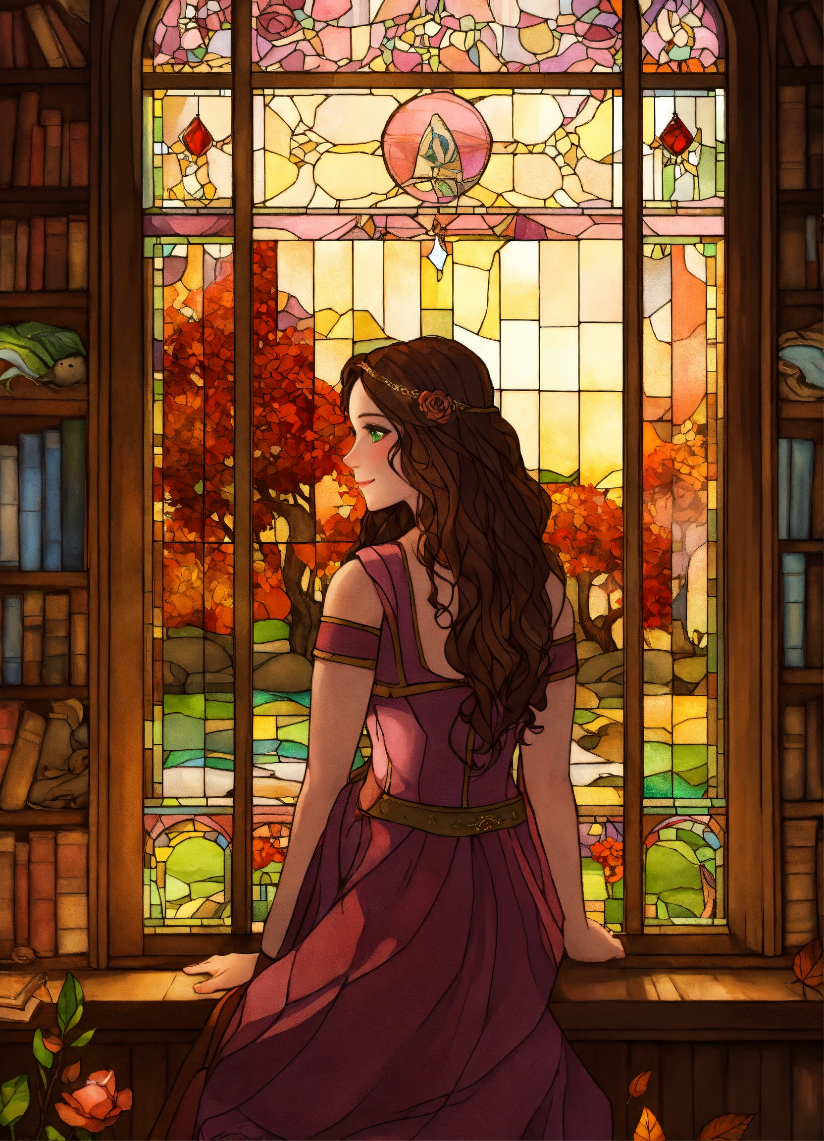 Lexica - Warrior princess, library, rose coloured stain glass windows ...